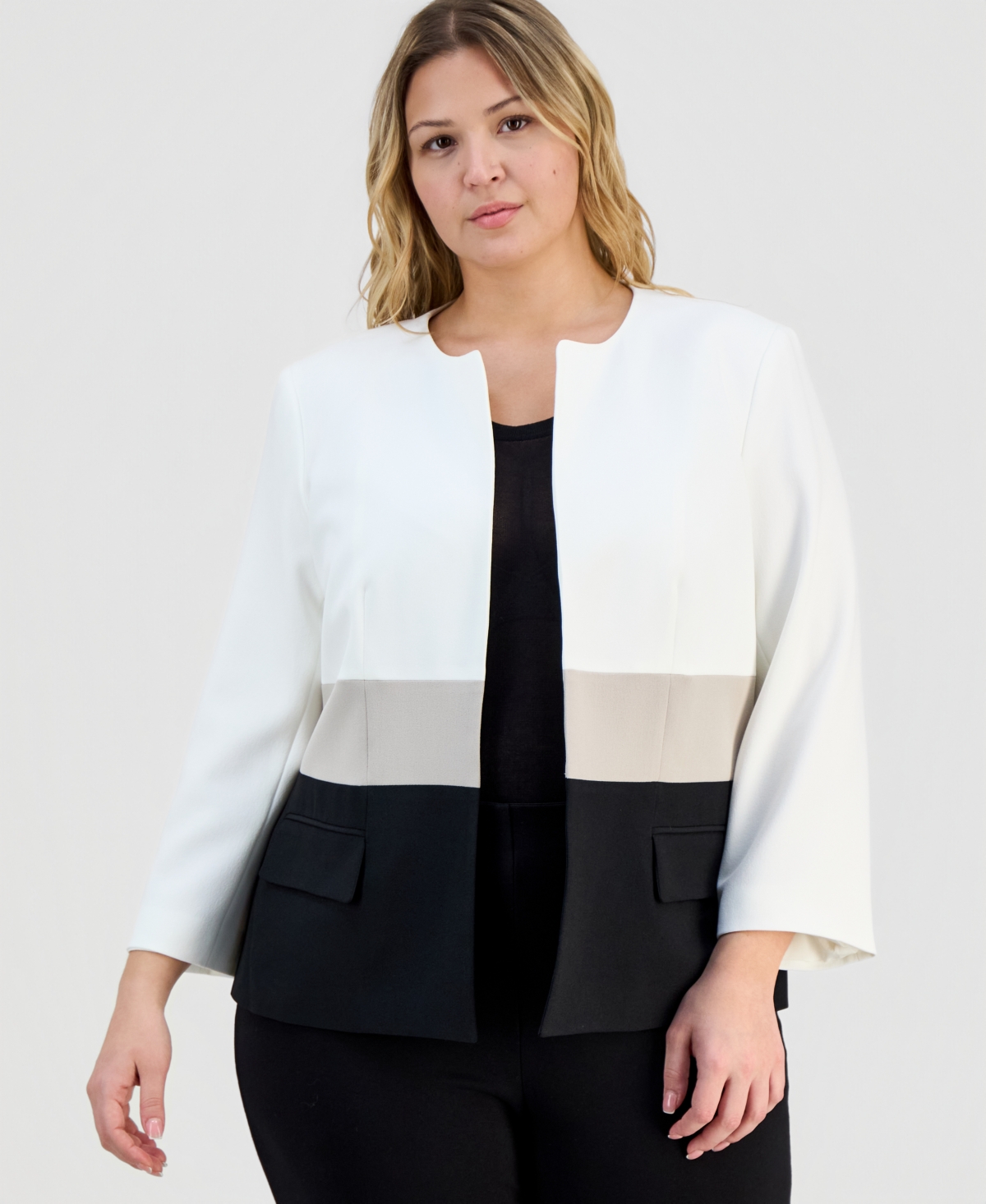 Click here for Kasper Plus Size Collarless Colorblocked Open-Fron... prices