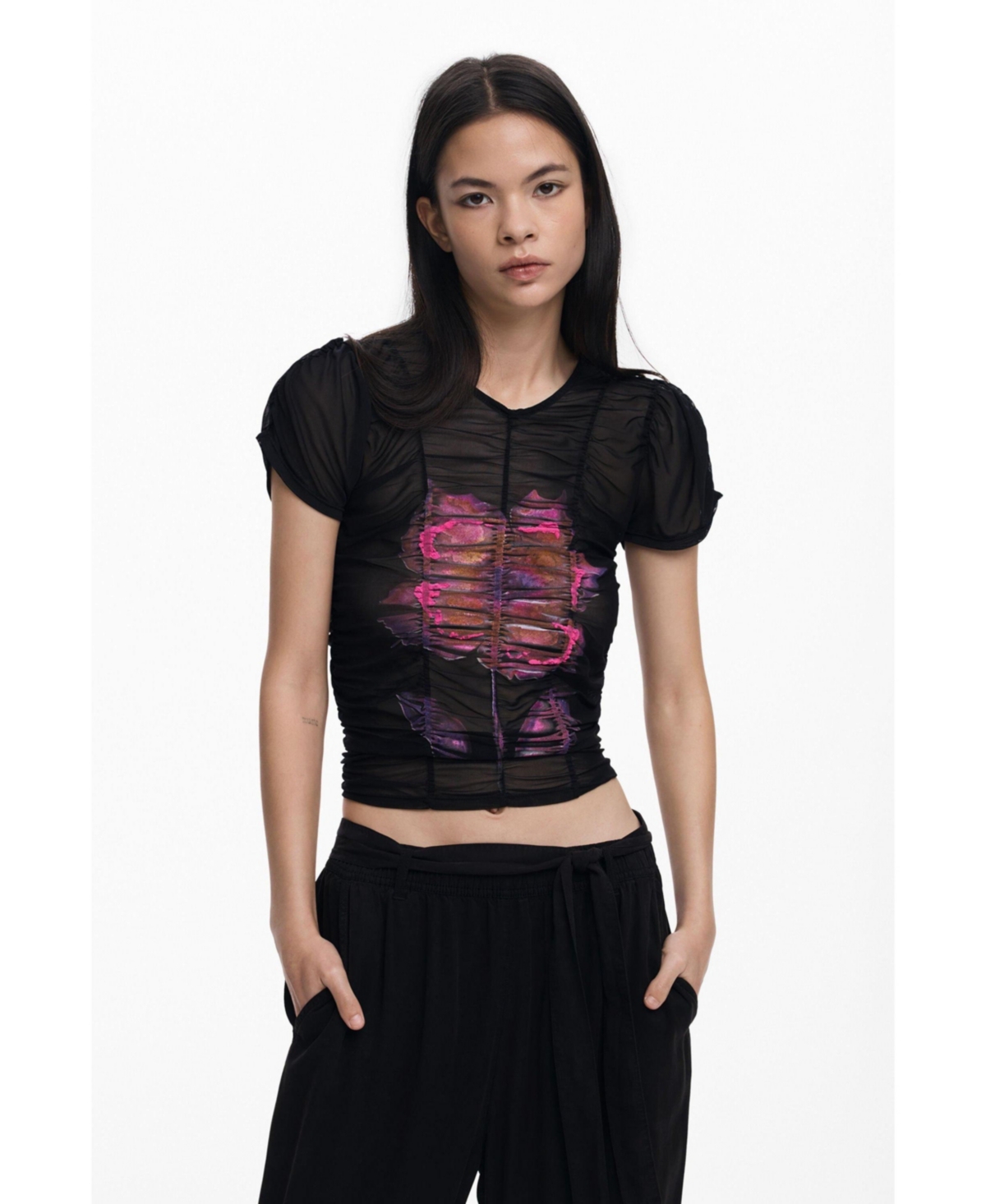 Click here for Desigual Womens Flower tulle T-shirt - Black prices