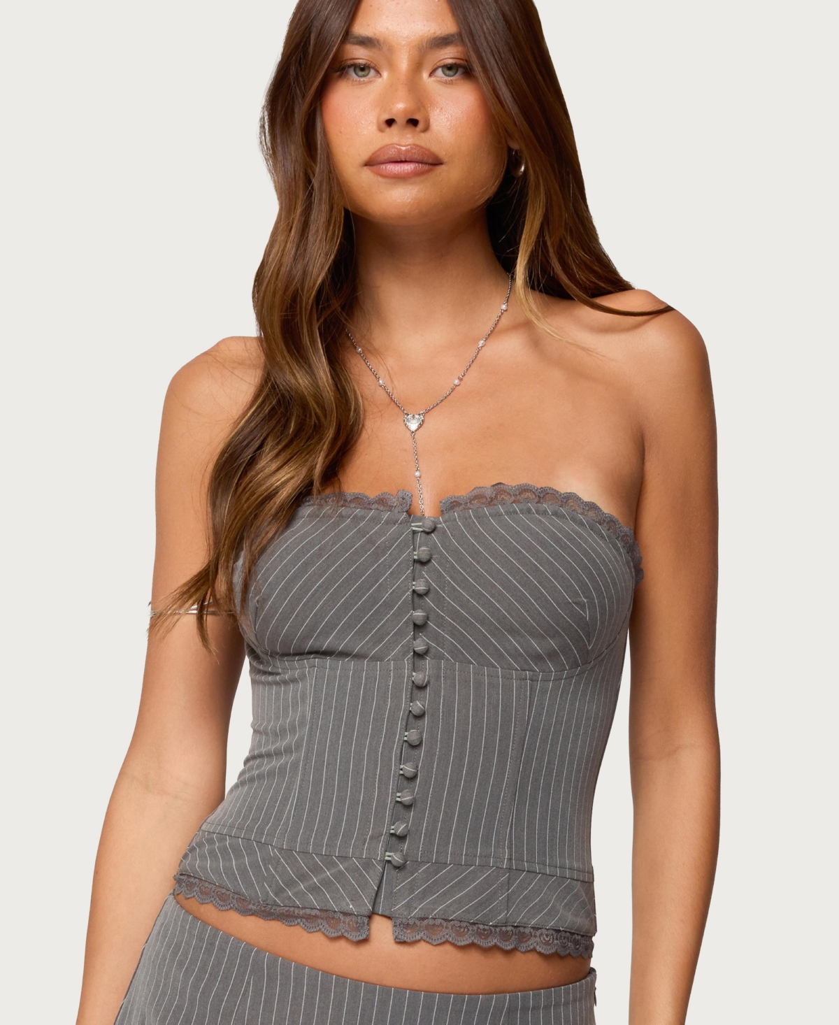 Click here for Edikted Womens Mona Lacey Pinstripe Strapless Cors... prices