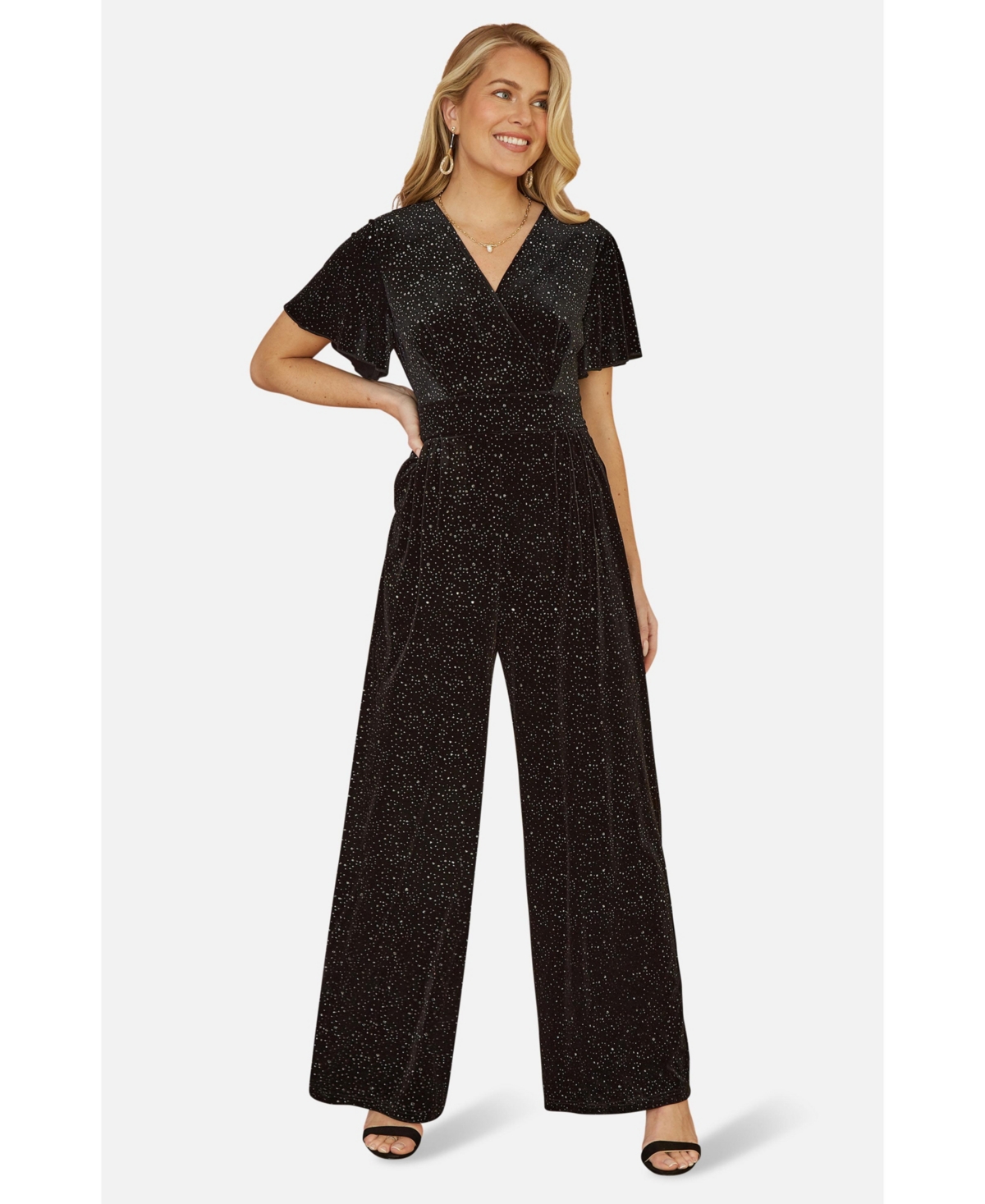 Click here for Yumi Womens Sparkle Velvet Jumpsuit - Black prices