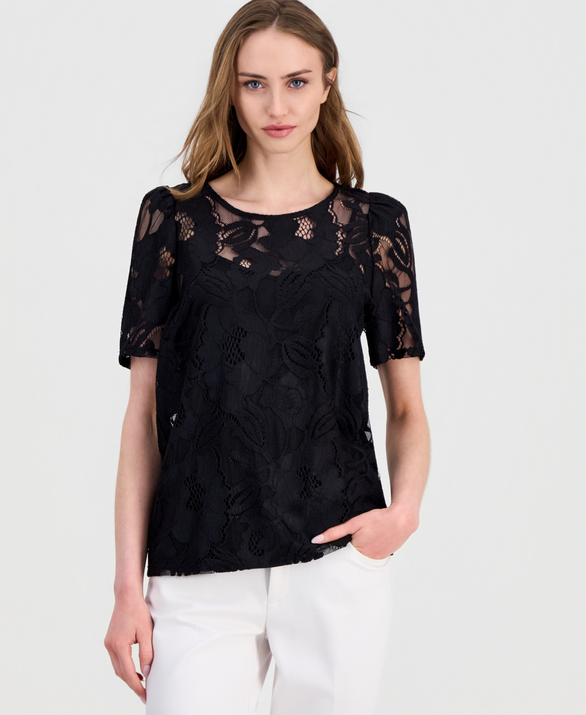 Click here for Anne Klein Womens Short-Sleeve Lace Tee - Anne Bla... prices