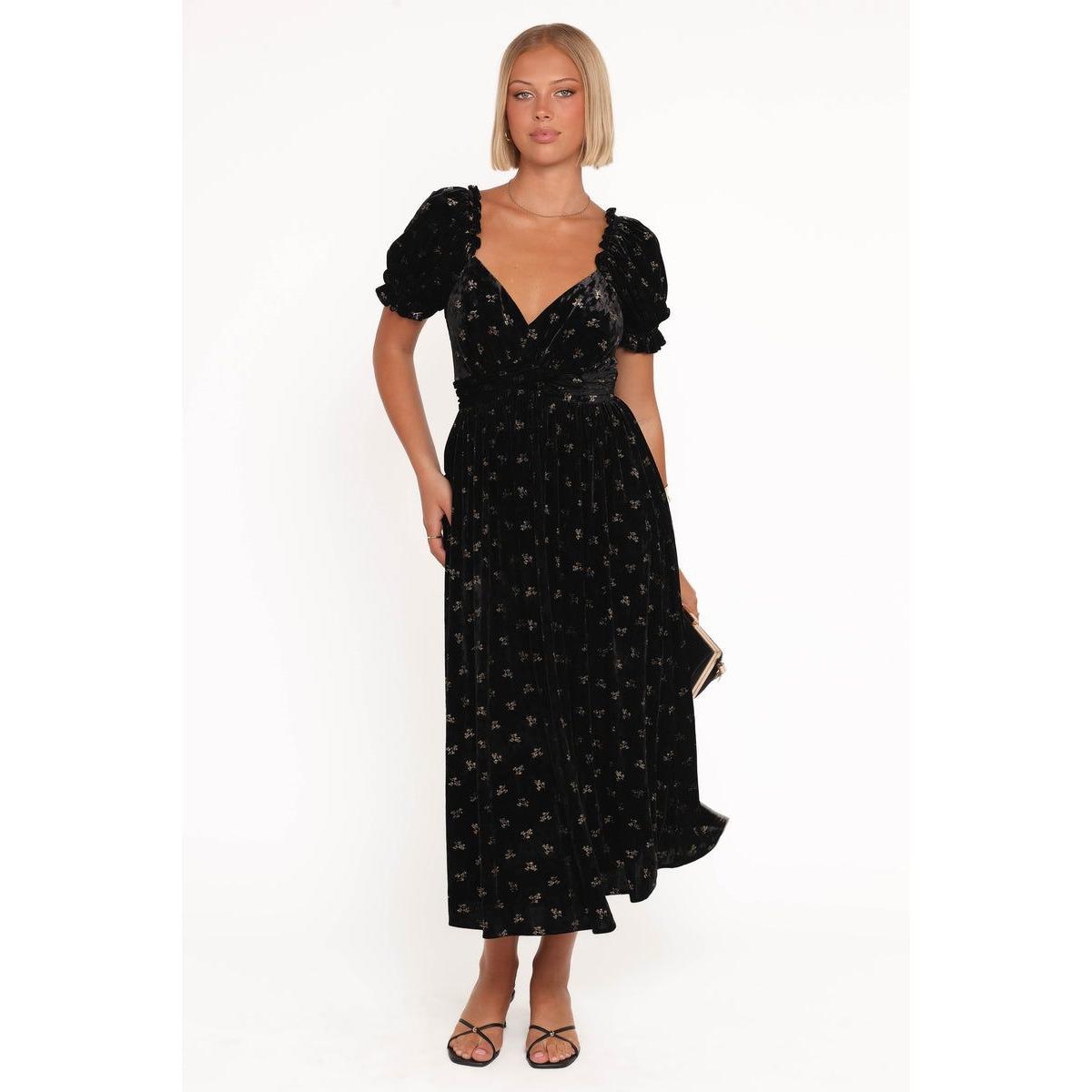 Click here for Petal and Pup Womens Farryn Maxi Dress - Black/gol... prices