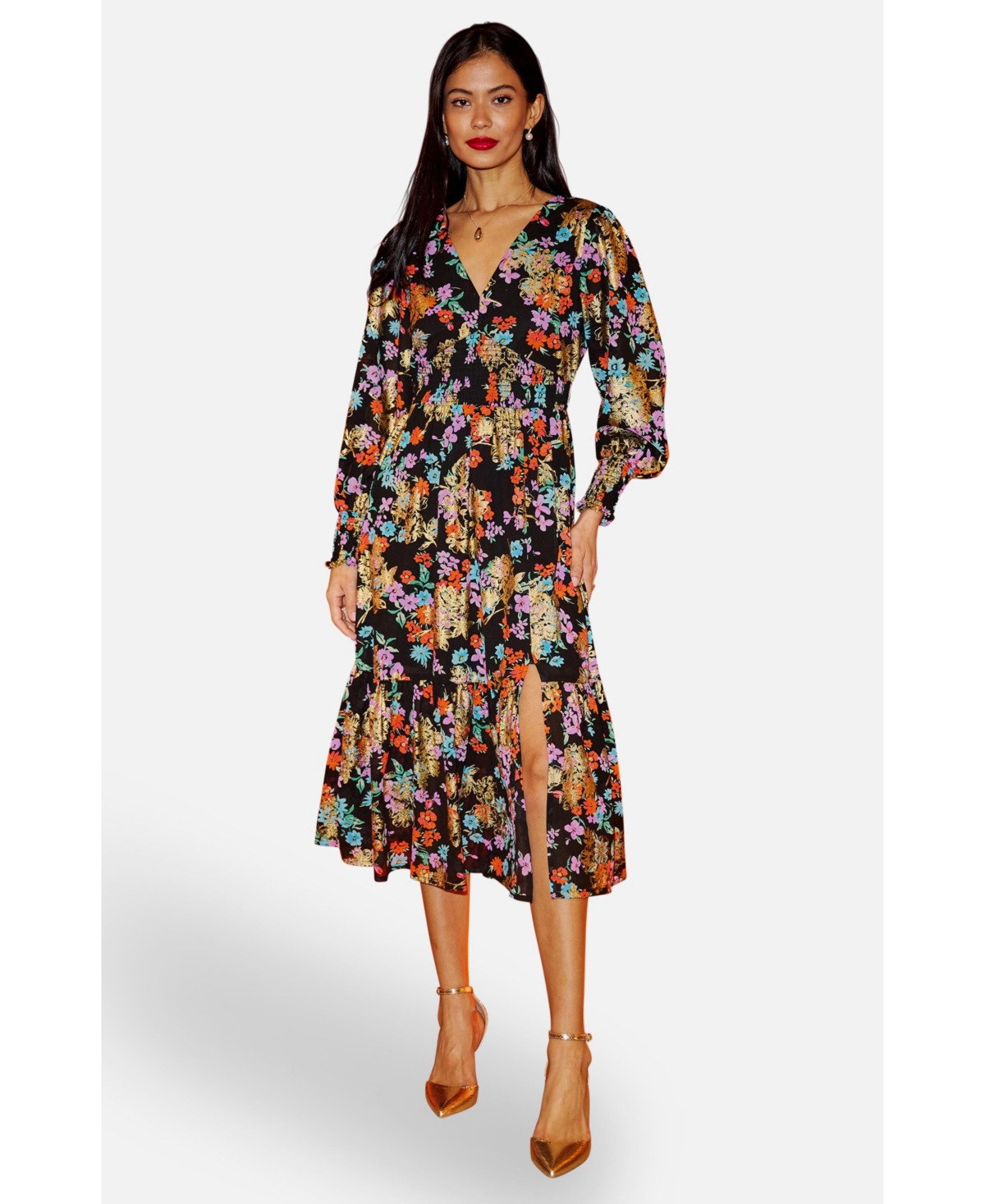 Click here for Yumi Womens Floral And Foil Ruched Midi Dress - Bl... prices