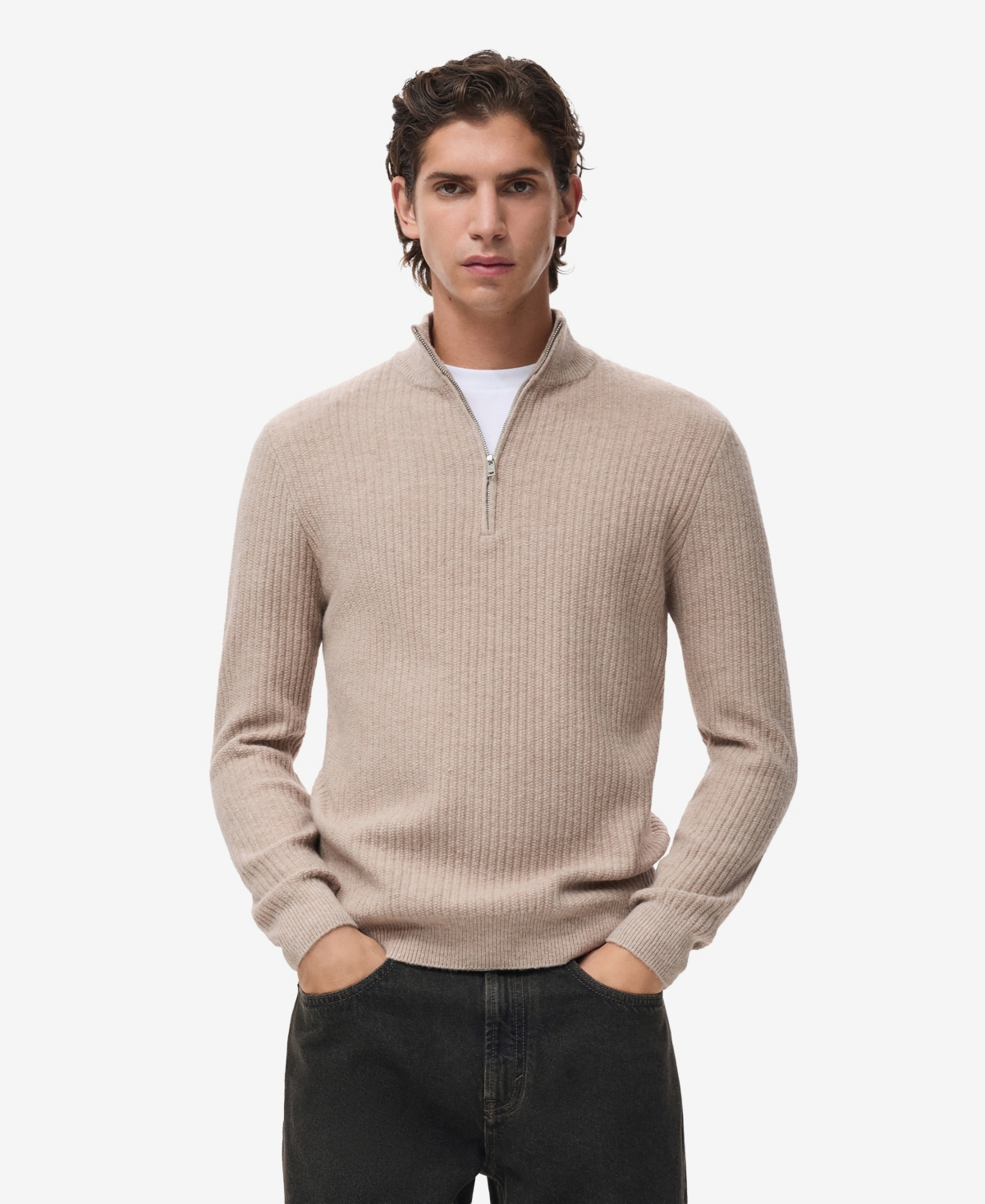 Click here for Mango Mens Zip Neck Ribbed Sweater - Sand prices