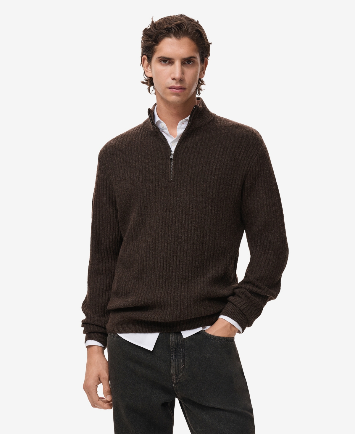 Click here for Mango Mens Zip Neck Ribbed Sweater - Brown prices