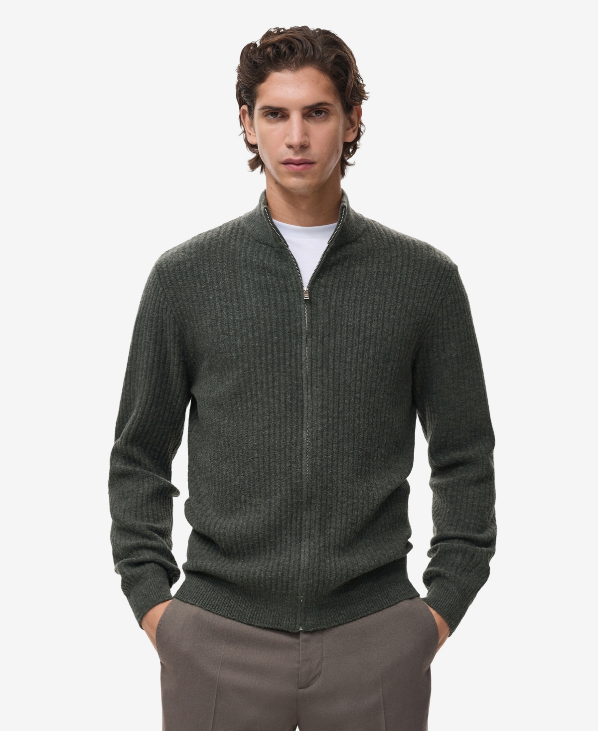 Click here for Mango Mens Ribbed-Knit Zipper Cardigan - Dark Gree... prices