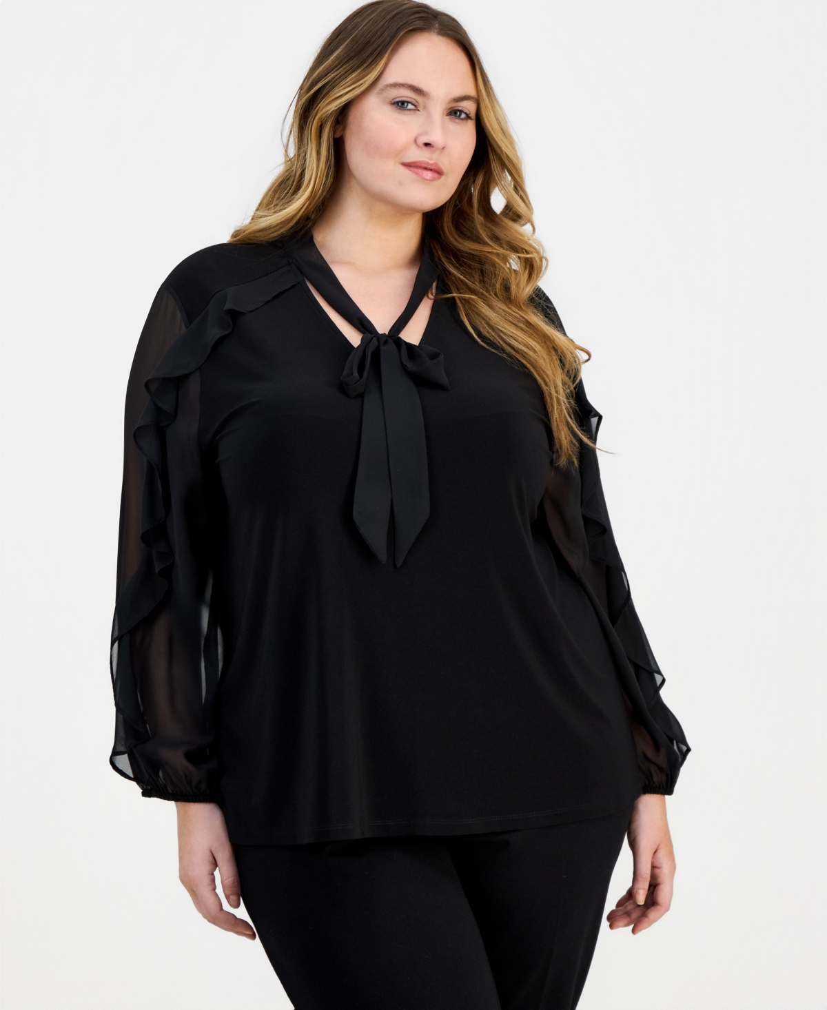 Click here for Anne Klein Plus Size Ruffle-Sleeve Tie-Neck Blouse... prices