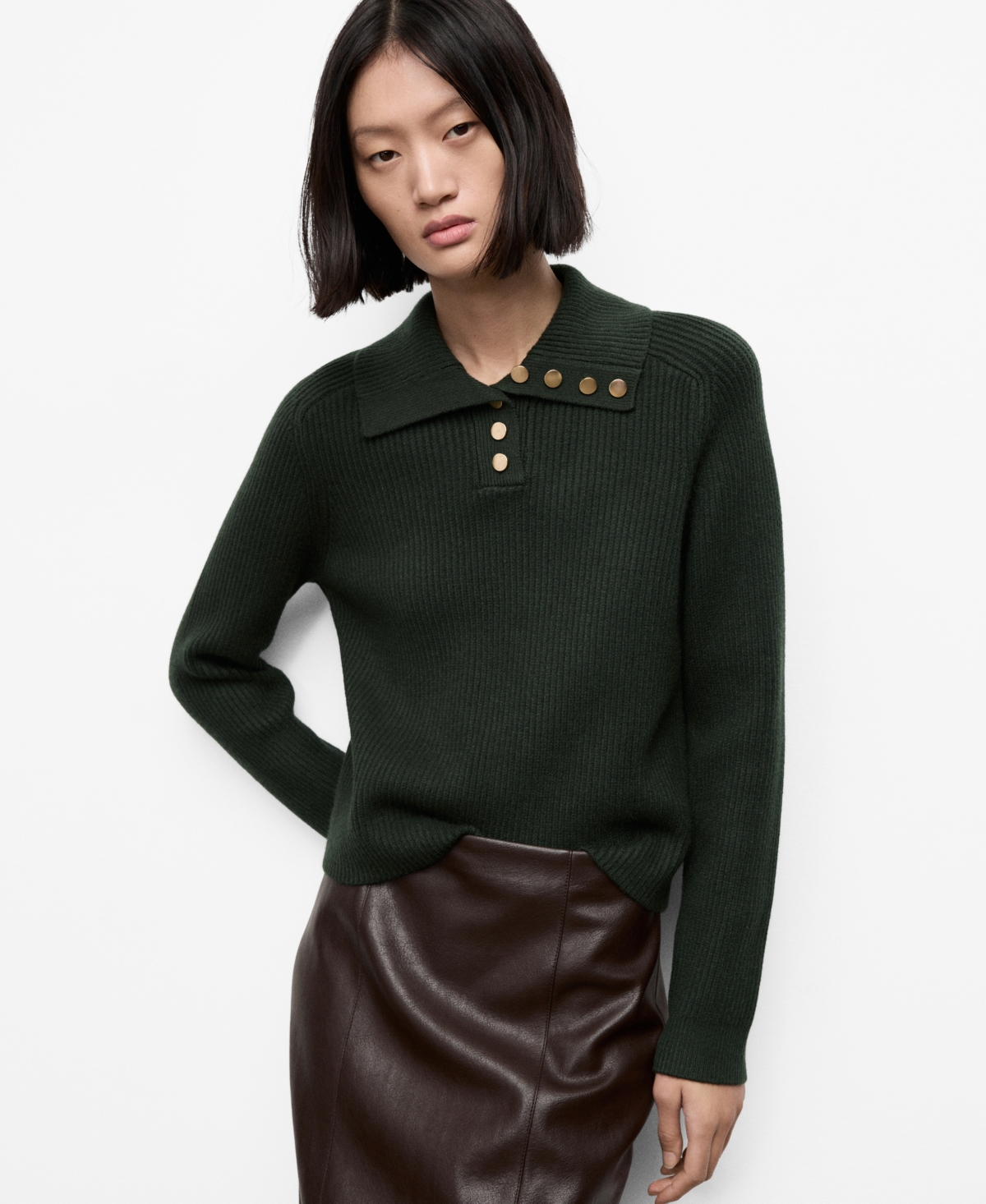 Click here for Mango Womens Ribbed Polo-Neck Buttons Sweater - Da... prices