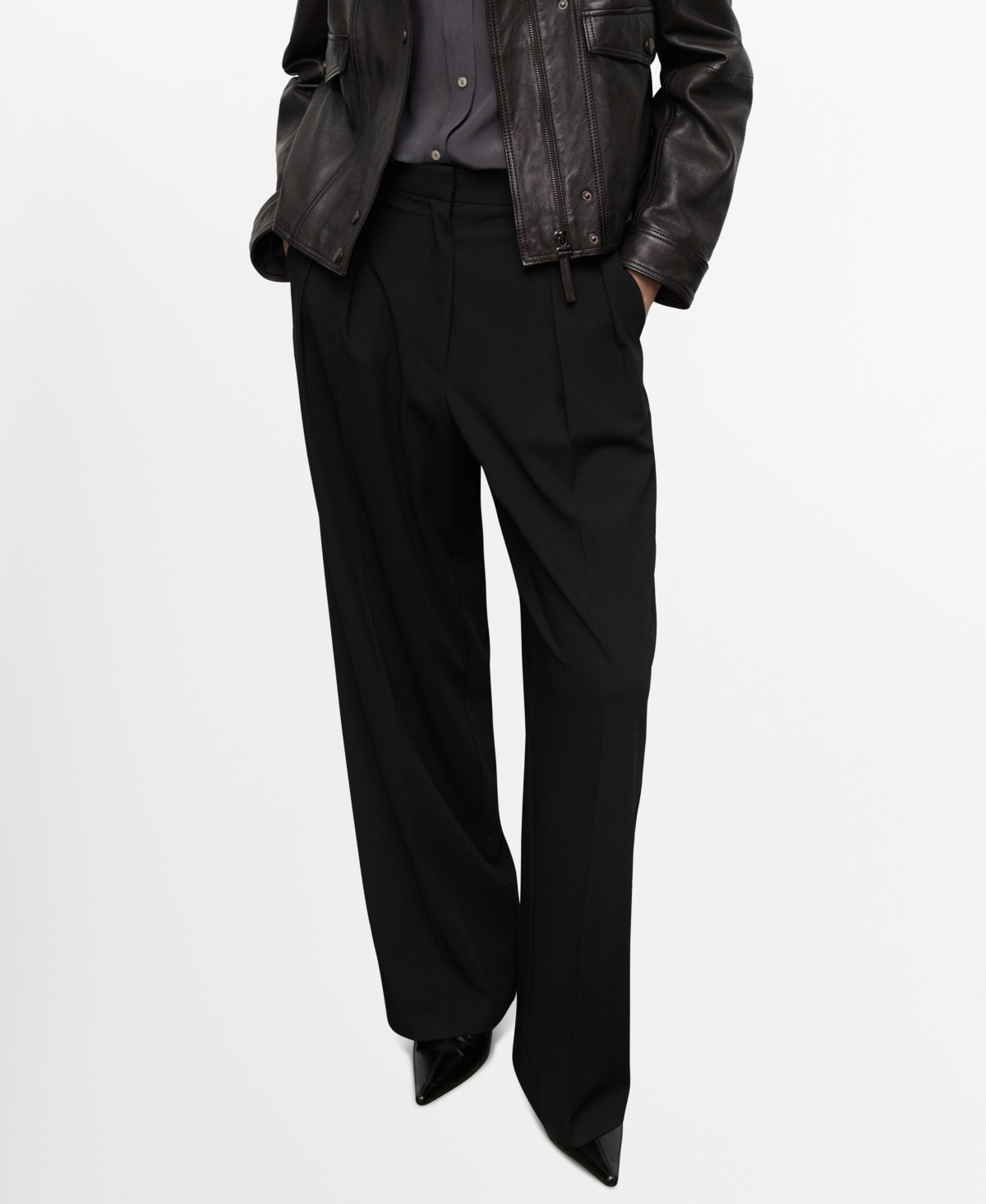 Click here for Mango Womens Wide-Leg Mid-Rise Pleated Pants - Bla... prices