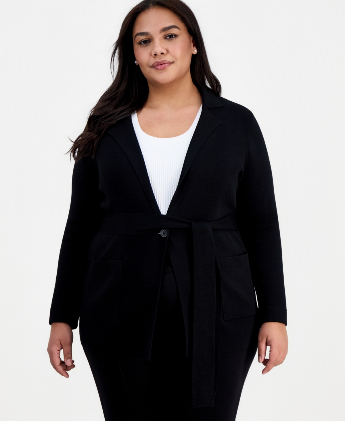 Click here for Tahari Asl Plus Size Tie-Waist Cardigan - Black prices