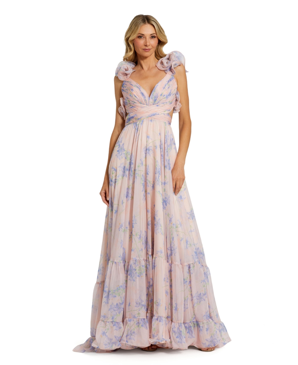 Click here for Mac Duggal Womens Ruffle Tiered Floral Cut-Out Chi... prices