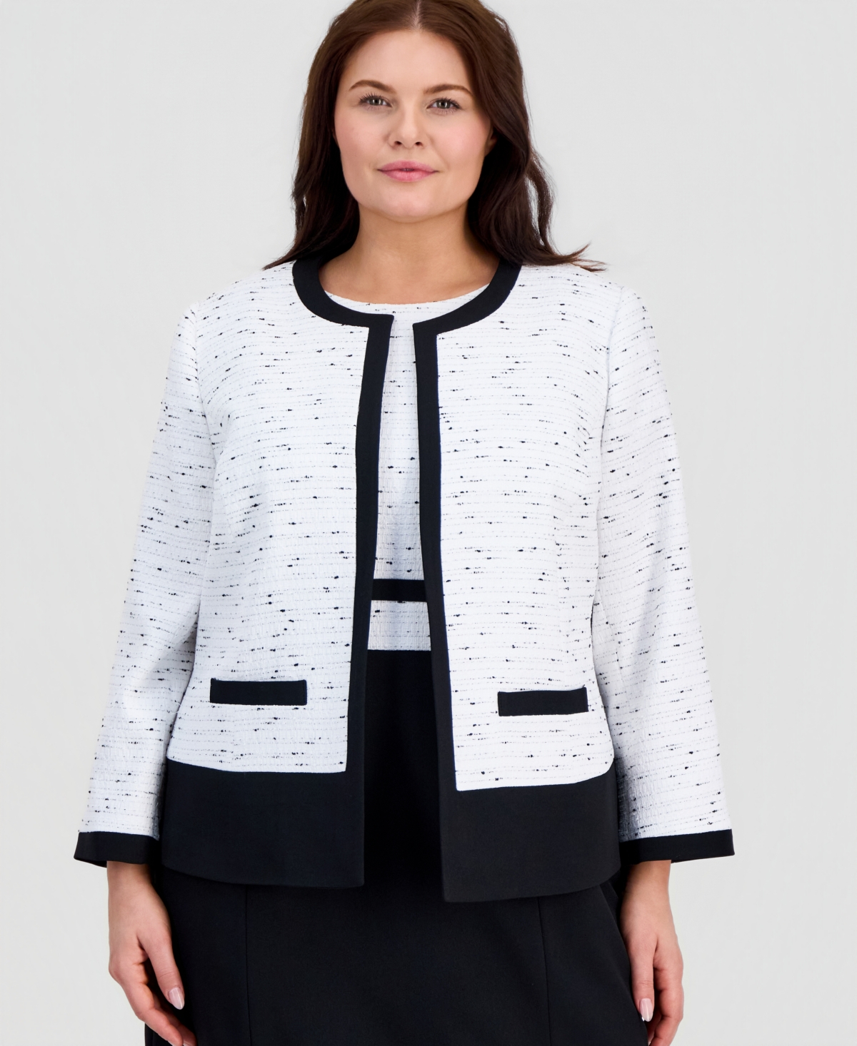 Click here for Kasper Plus Size Colorblocked Open-Front Cardigan... prices
