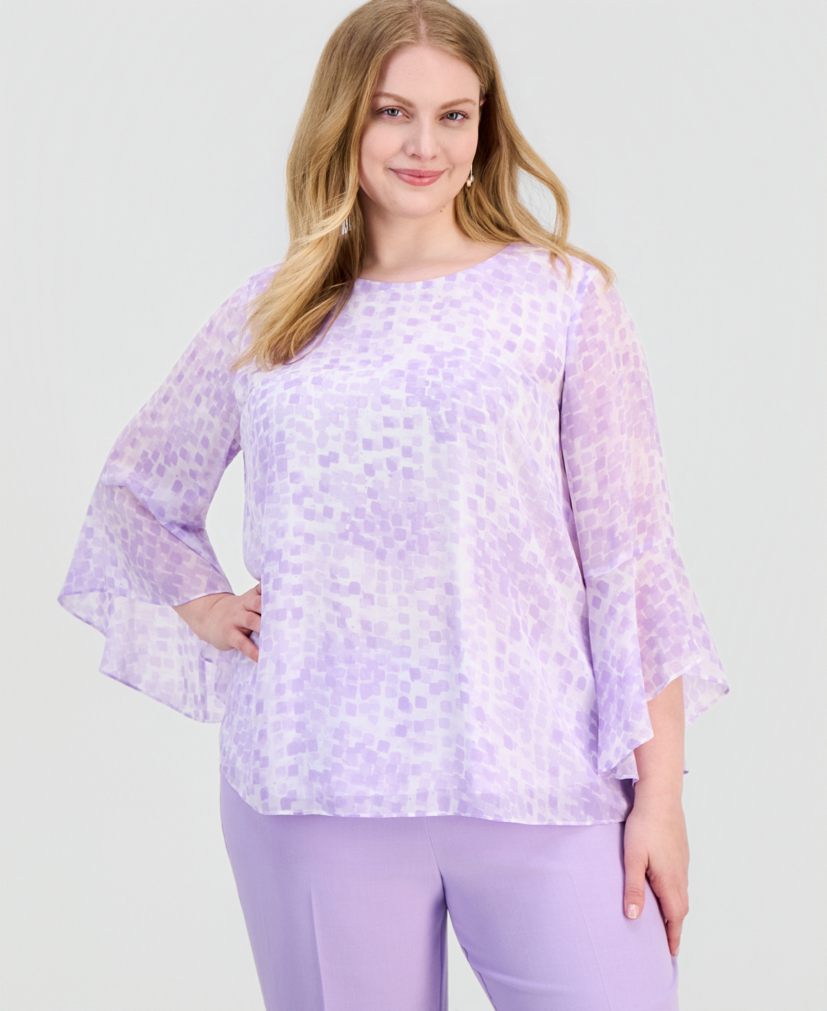 Click here for Kasper Plus Size Printed Ruffled-Sleeve Blouse - L... prices