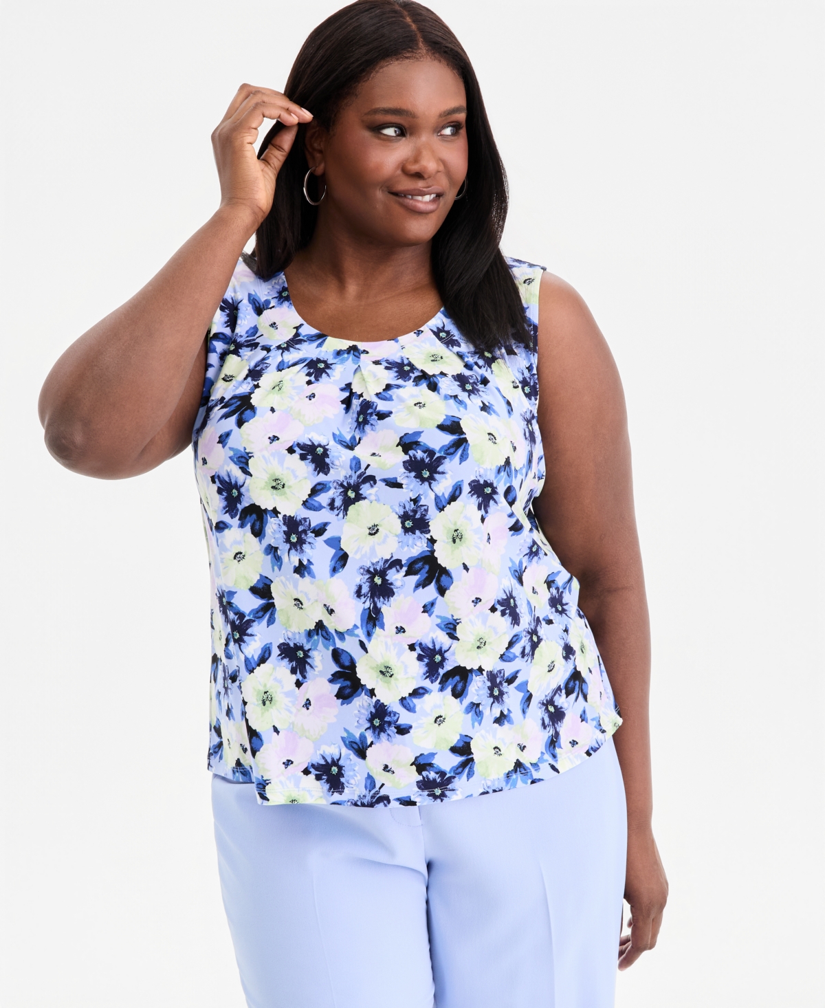 Click here for Kasper Plus Size Pleat-Neck Sleeveless Floral Top... prices