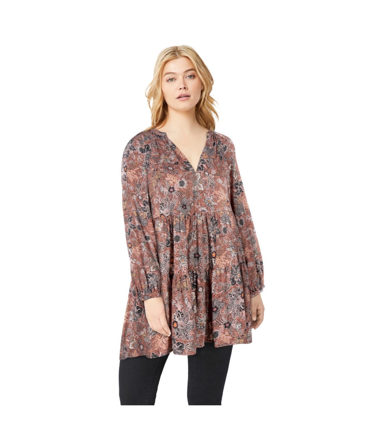 Click here for ellos Womens Tiered Tunic With Notch V-Neck - Rose... prices