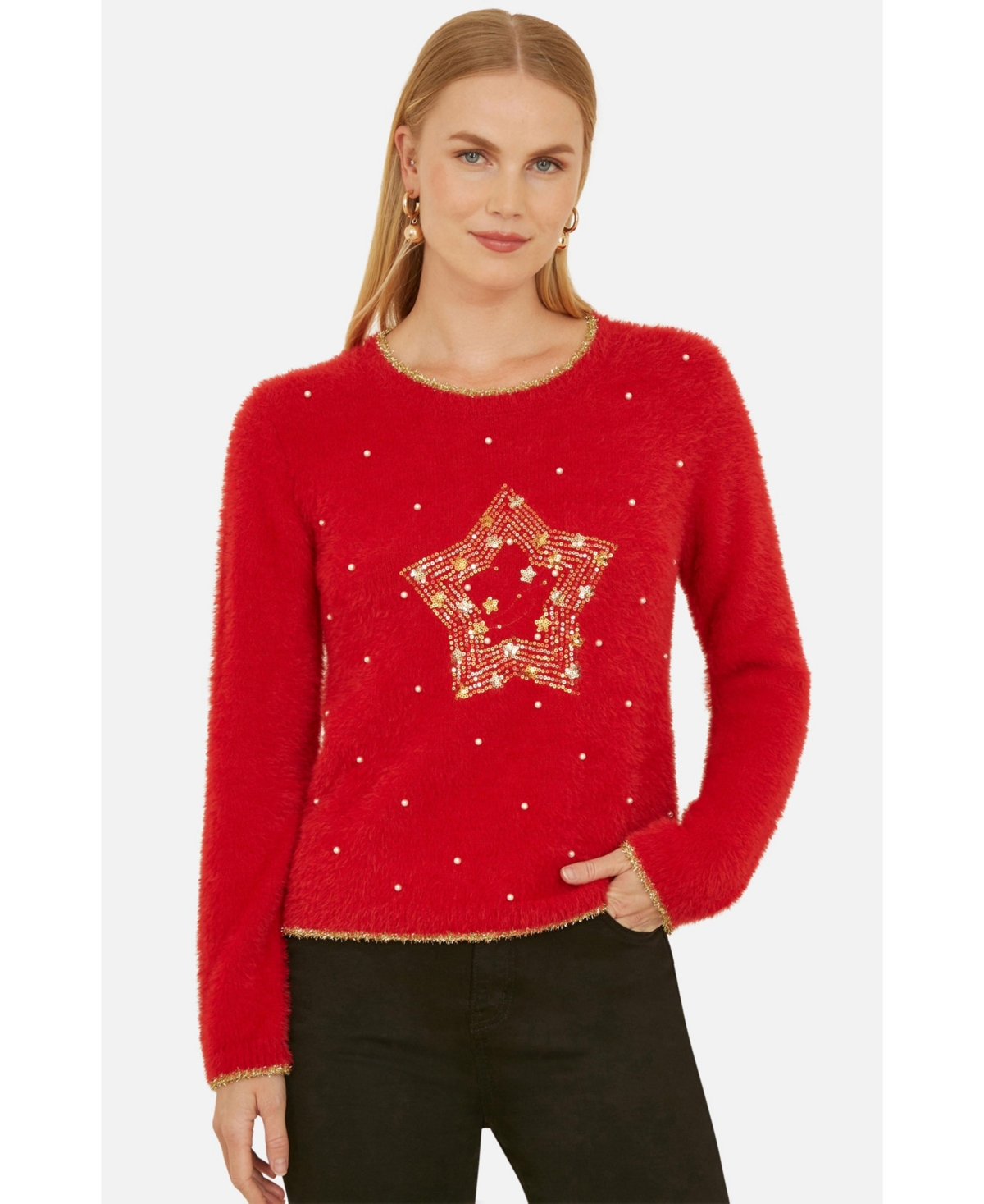 Click here for Yumi Womens Fluffy Star Holiday Sweater - Red prices