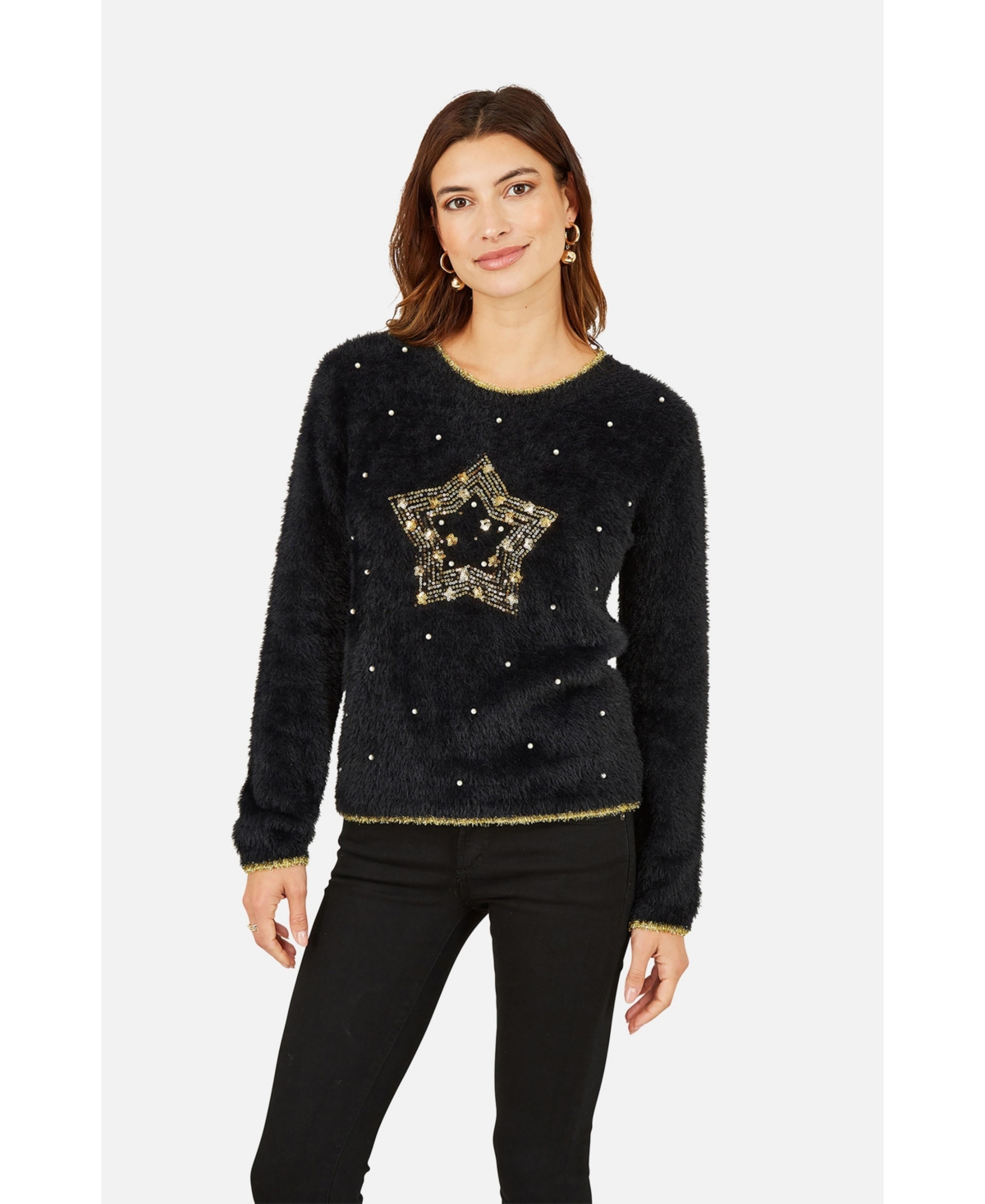 Click here for Yumi Womens Fluffy Star Holiday Sweater - Black prices