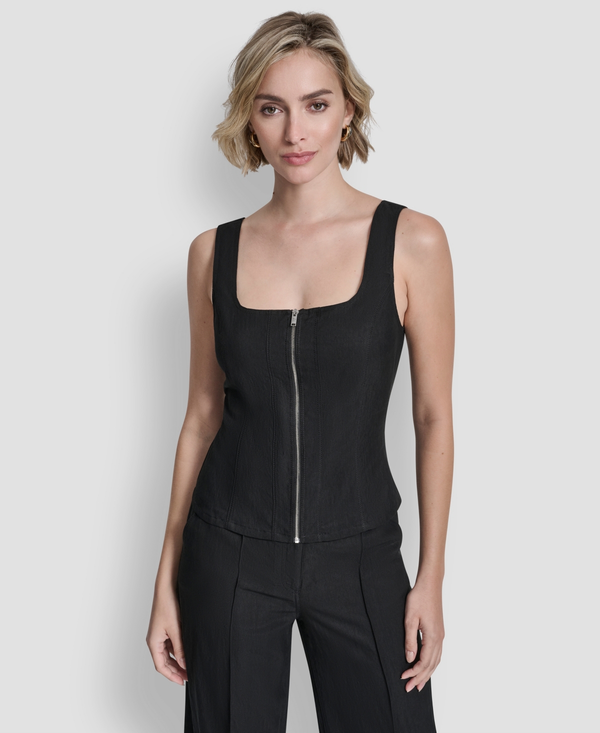 Click here for Dkny Womens Sleeveless Zipper Corset Top - Black prices