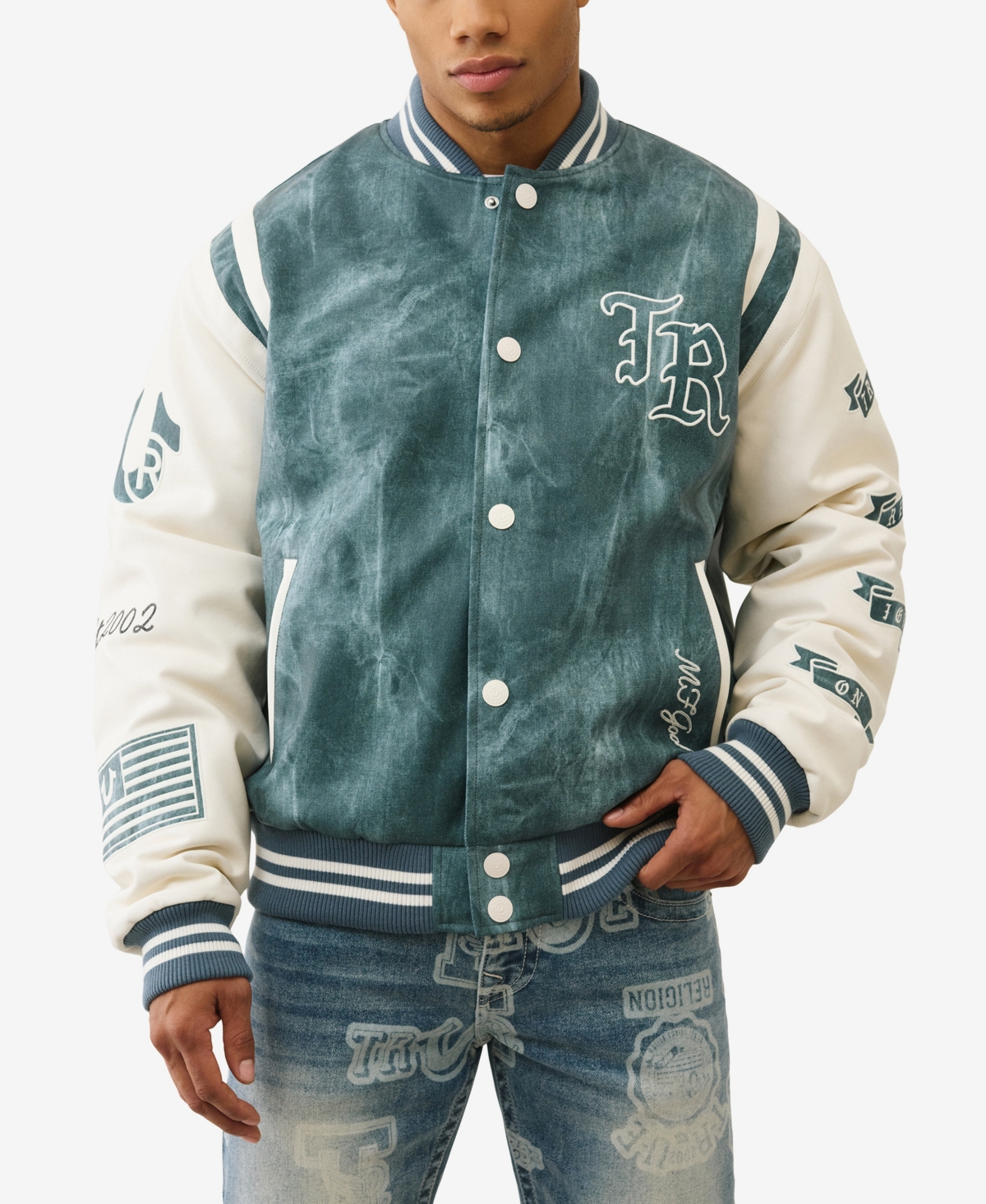 Click here for True Religion Mens Denim Print Retro Varsity Jacke... prices