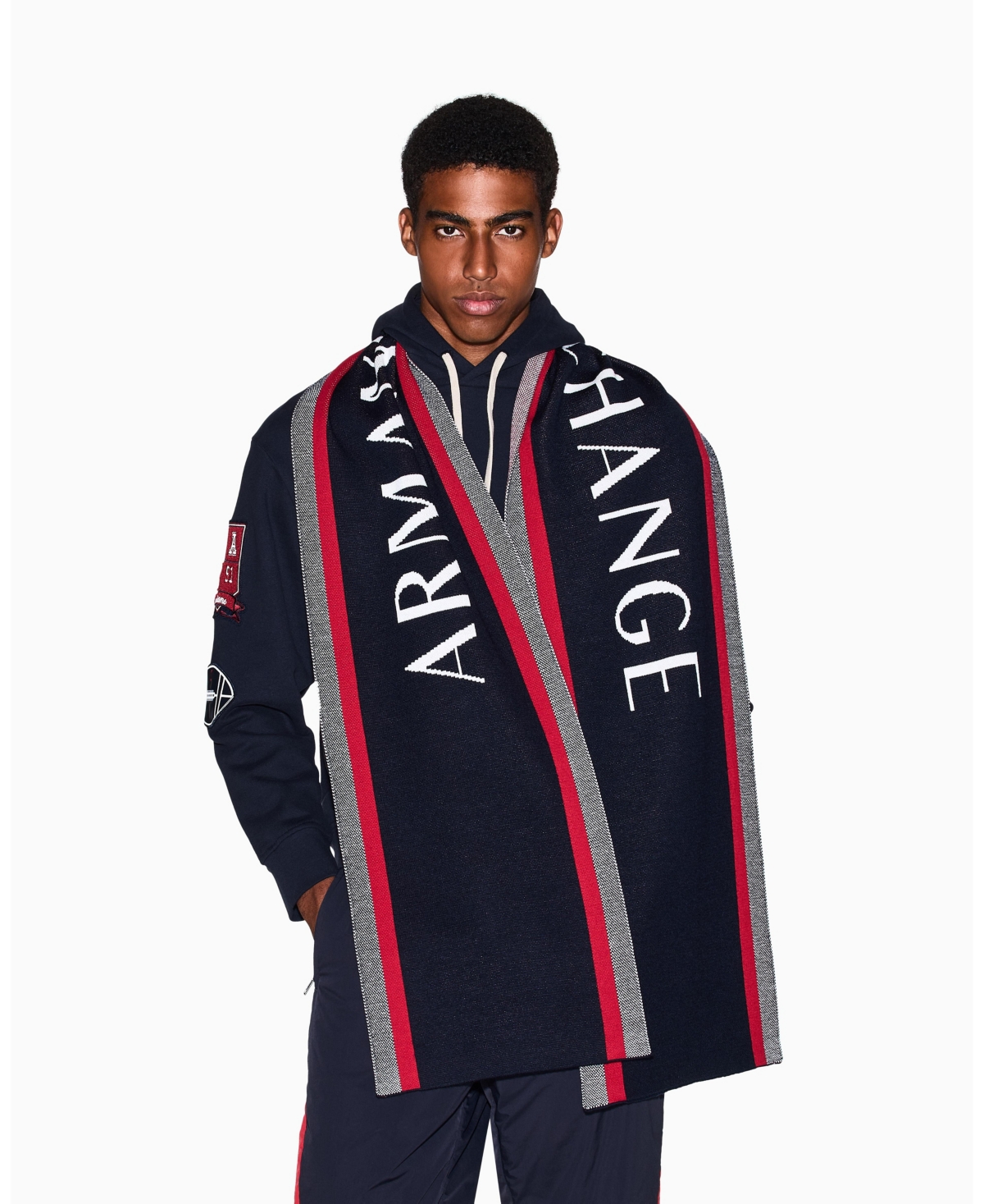 Click here for A|X Armani Exchange Mens Wool Wording Scarf - Deep... prices