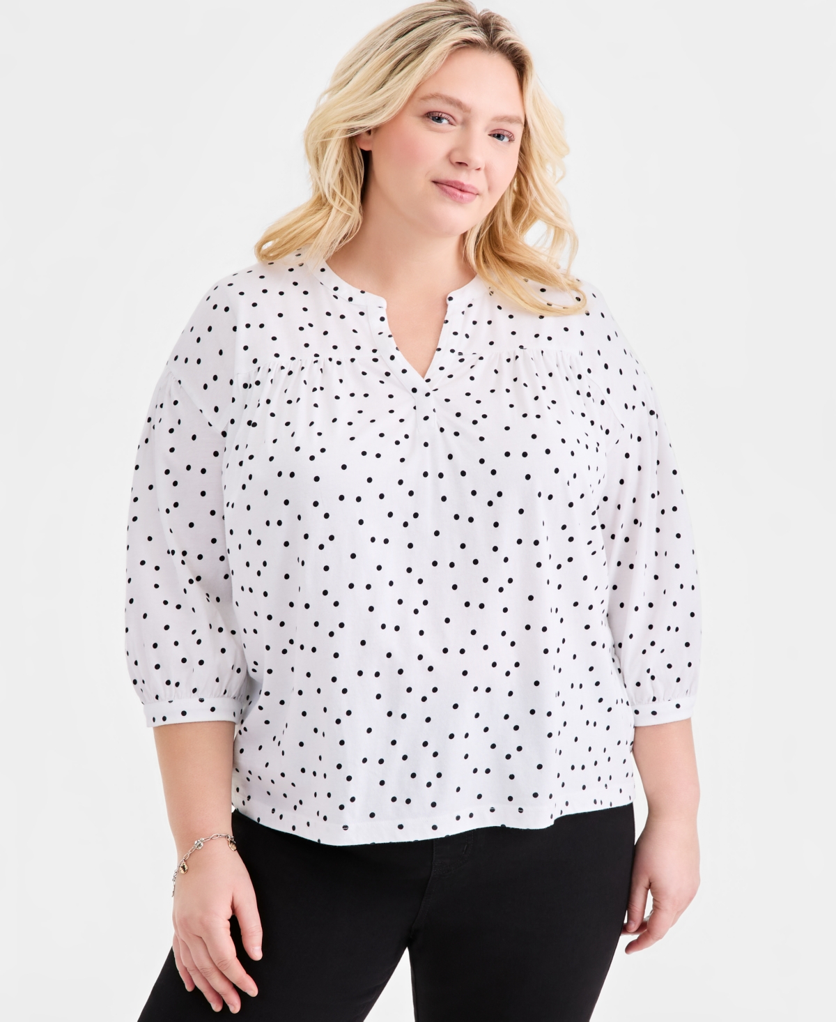 Click here for Style & Co Plus Size Printed 3/4-Puff-Sleeve Top... prices