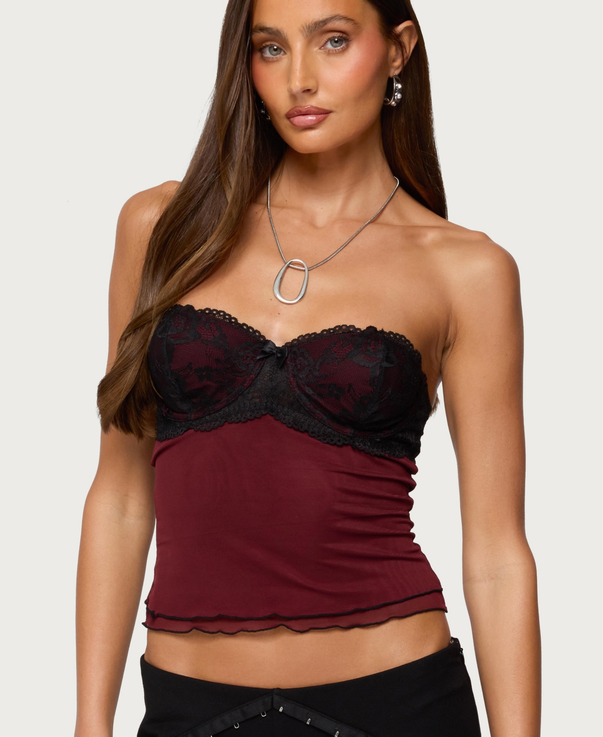 Click here for Edikted Womens Contrast Lacey Mesh Bra Top - Burgu... prices