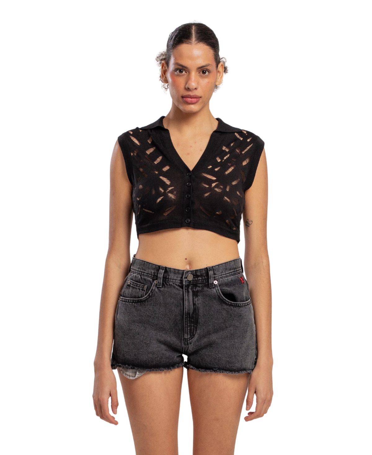 Click here for Pcfg Womens Cropped Ripped Knit Top - Jet black prices