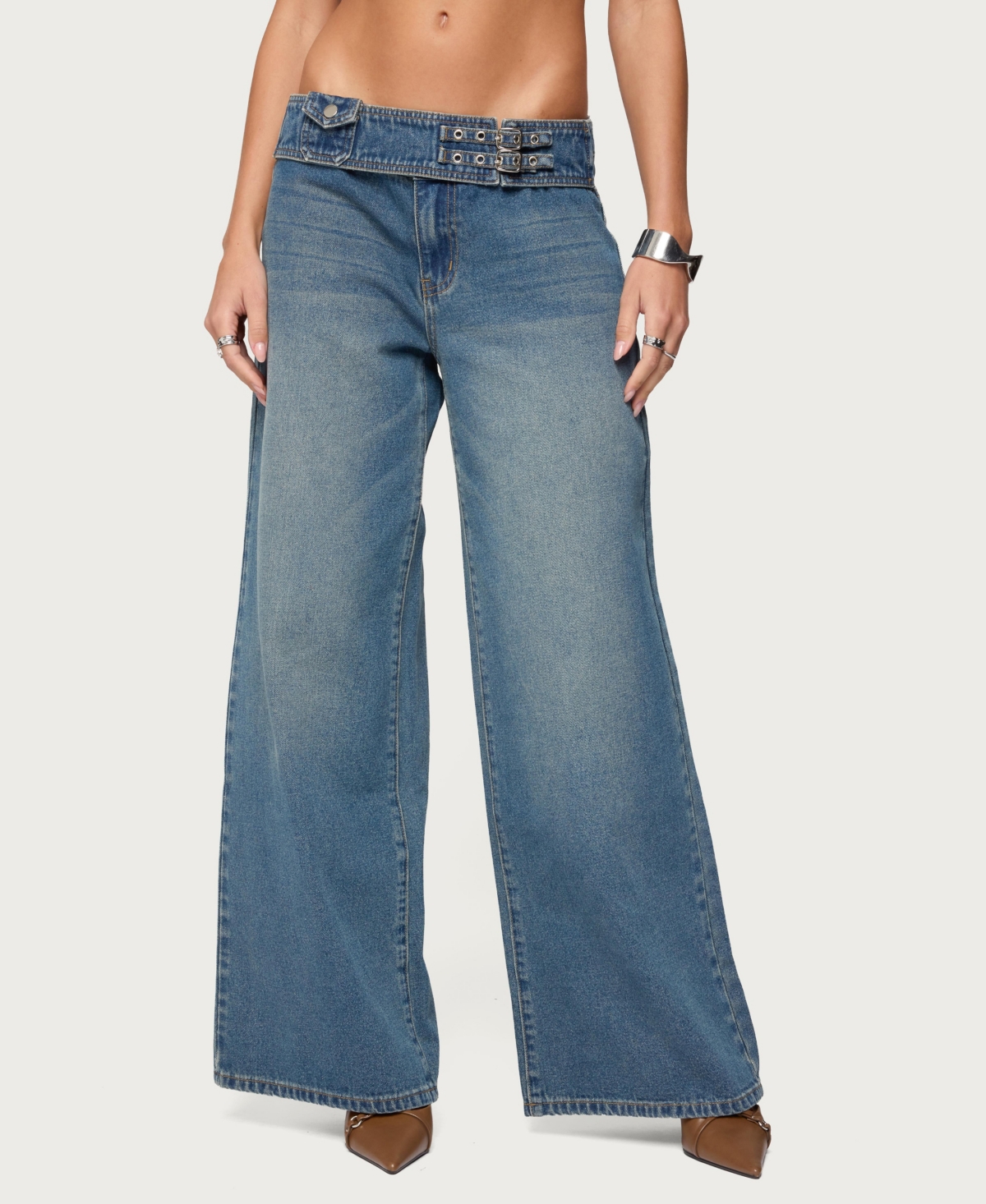 Click here for Edikted Womens Double Buckle Low Rise Baggy Jeans... prices