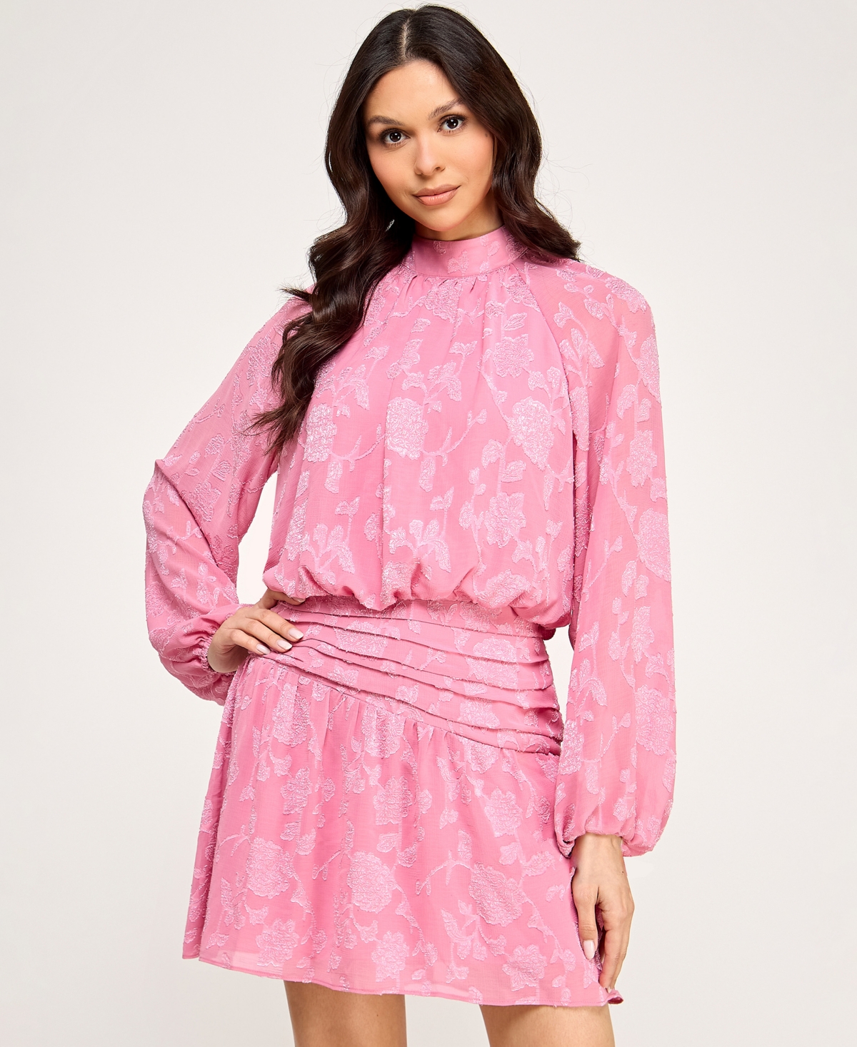 Click here for Seni & Cade Juniors Pleated Mock Neck Dress - Pink prices