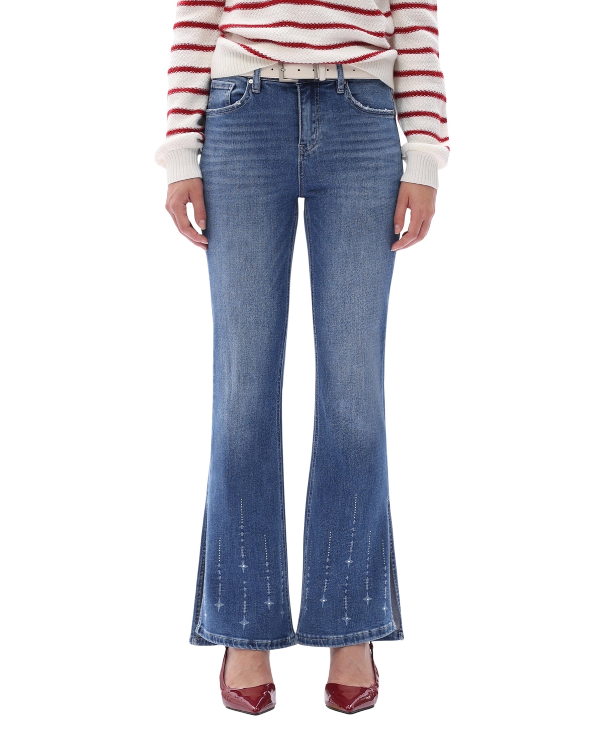 Click here for Bayeas Womens Mid-Rise Flare Slit-Hem Star-Print J... prices