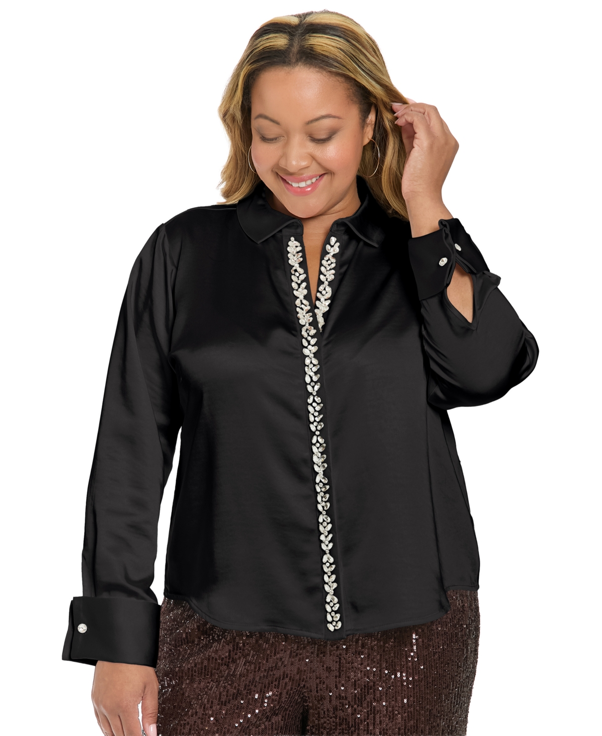 Click here for Muse Plus Size Long-Sleeves Satin Top - Black prices