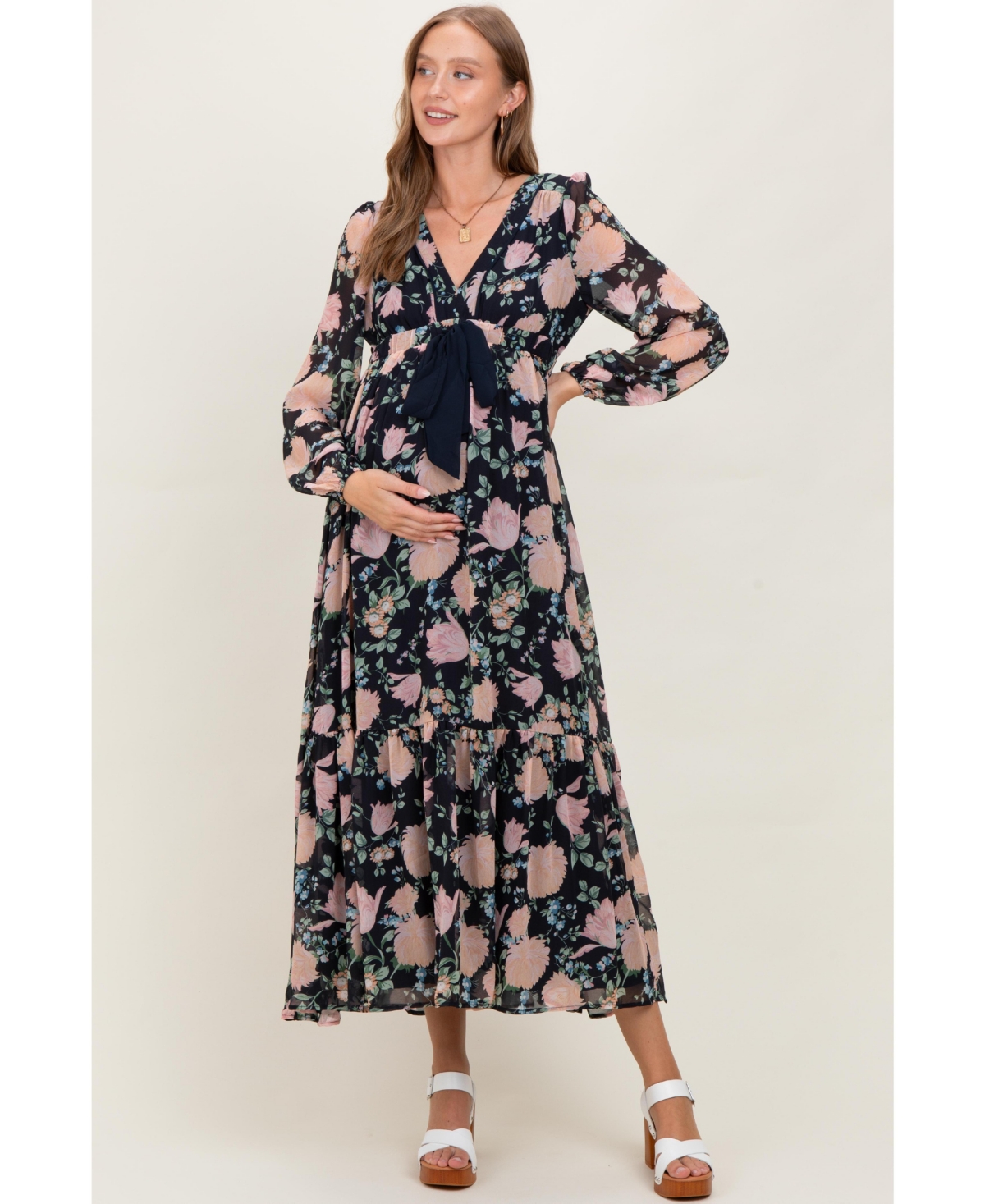 Click here for Pinkblush Maternity Navy Floral Chiffon Bow Tie Fr... prices