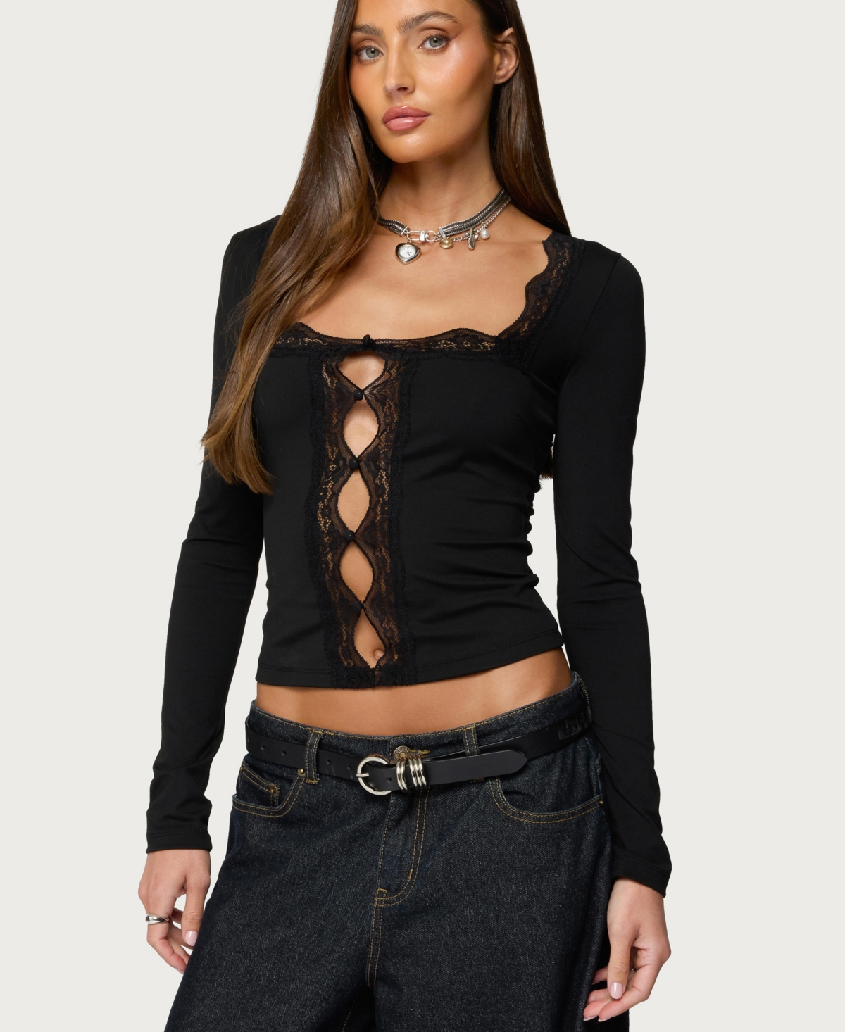 Click here for Edikted Womens Zeya Lacey Keyhole Top - Black prices