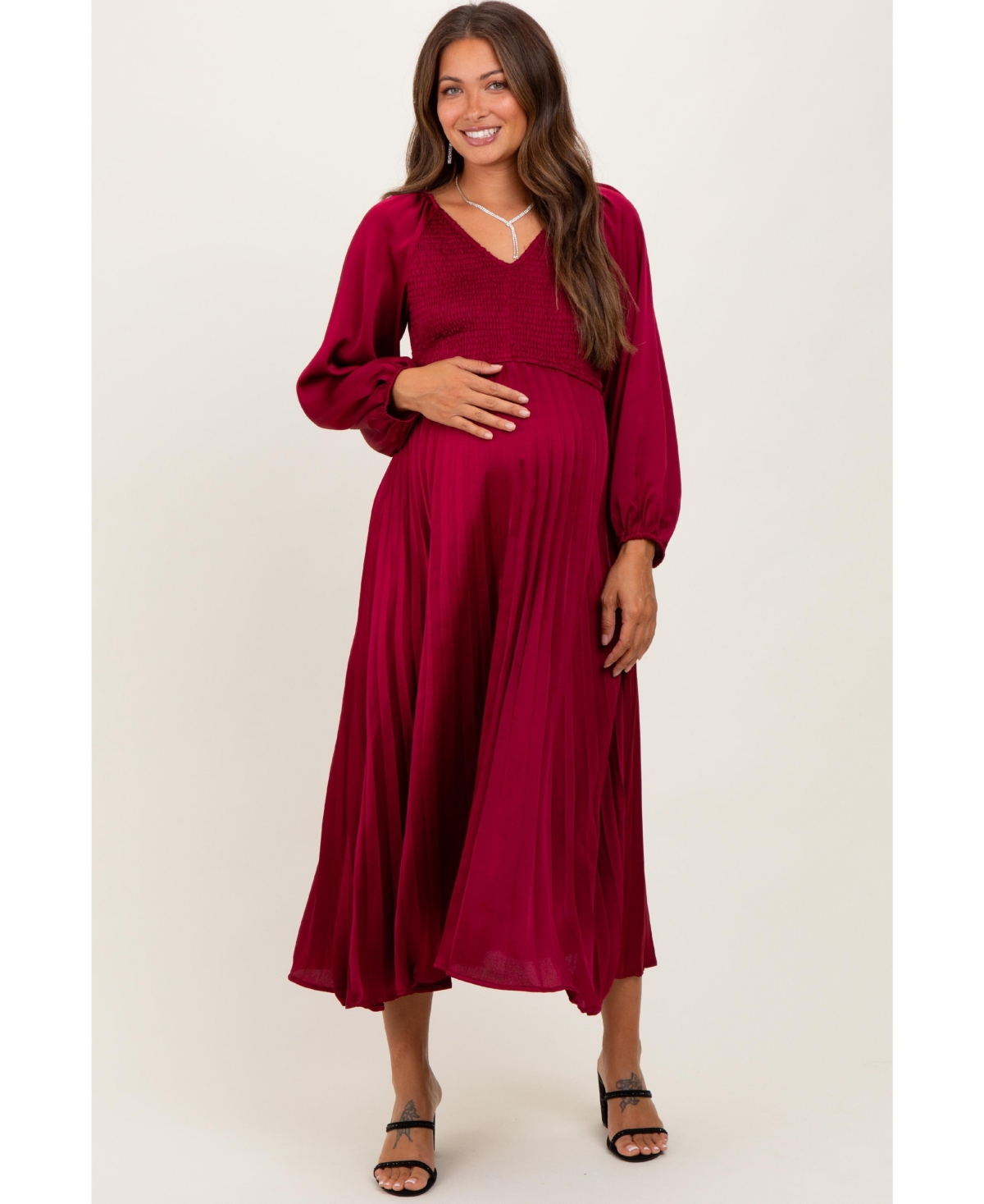 Click here for Pinkblush Maternity Burgundy Satin Smocked Pleated... prices