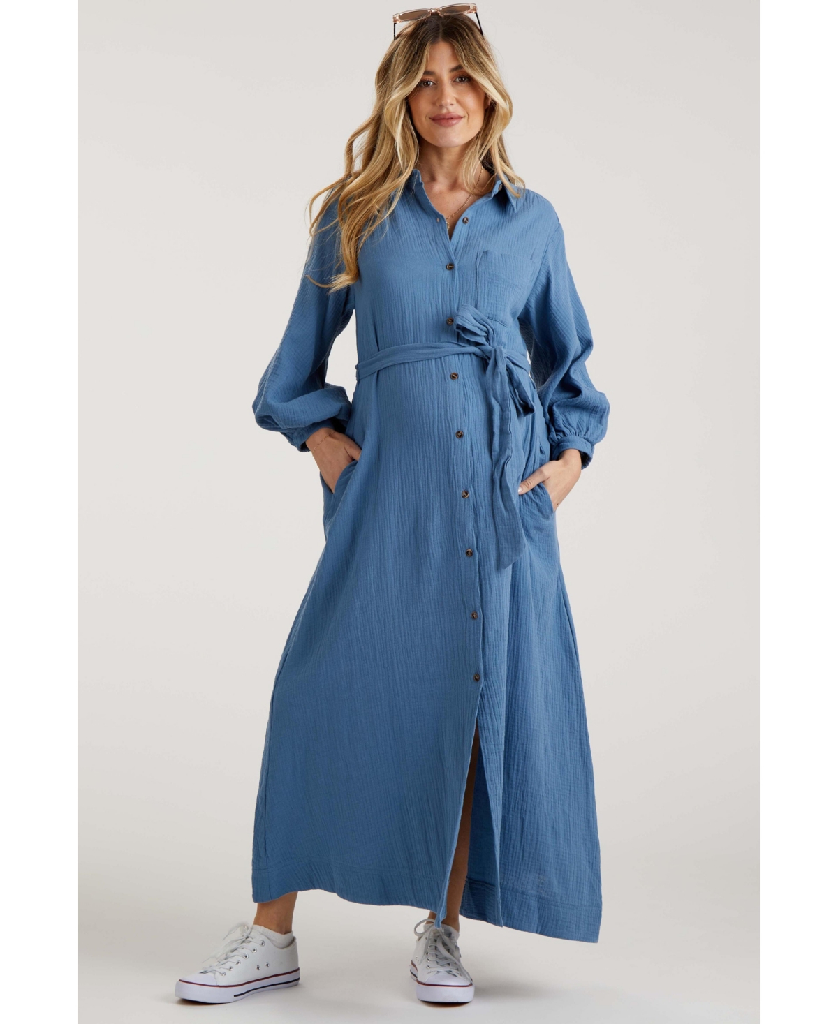 Click here for Pinkblush Maternity Blue Gauze Belted Shirt Midi D... prices