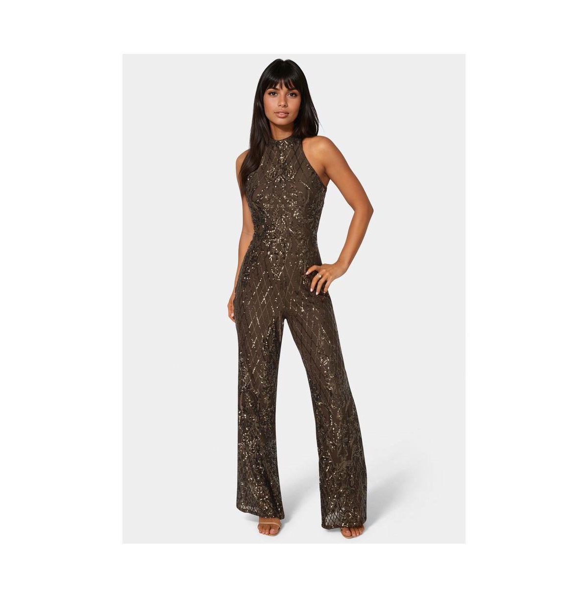 Click here for Bebe Womens Sequins Halter Jumpsuit - Chocolate prices