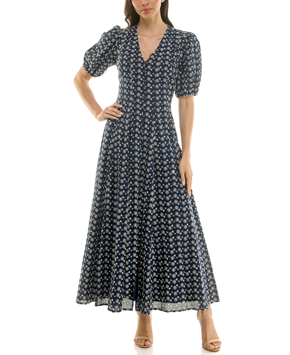 Click here for Taylor Womens Puff-Sleeve Eyelet Button-Front Dres... prices