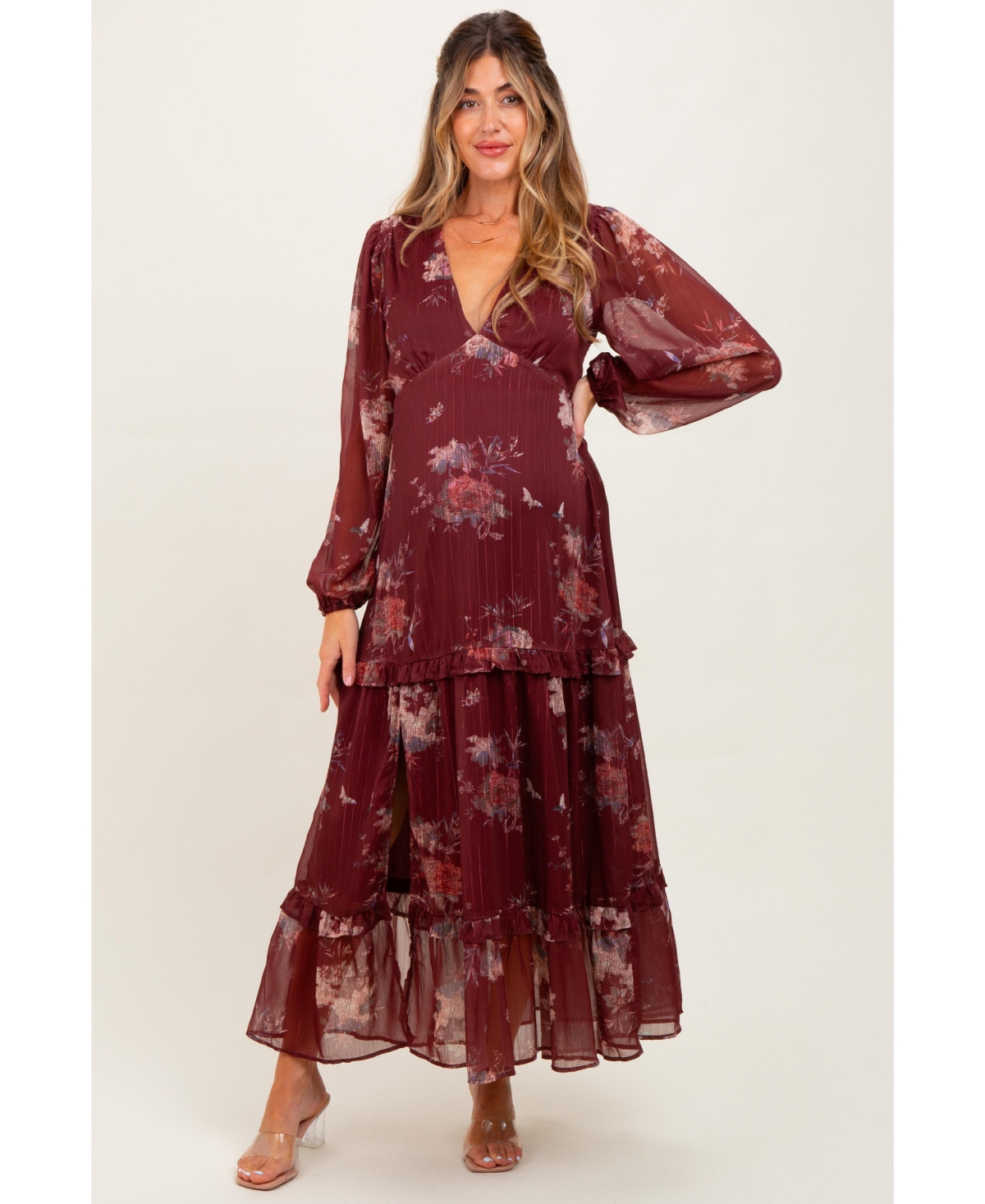 Click here for Pinkblush Maternity Burgundy Floral Chiffon V-Neck... prices