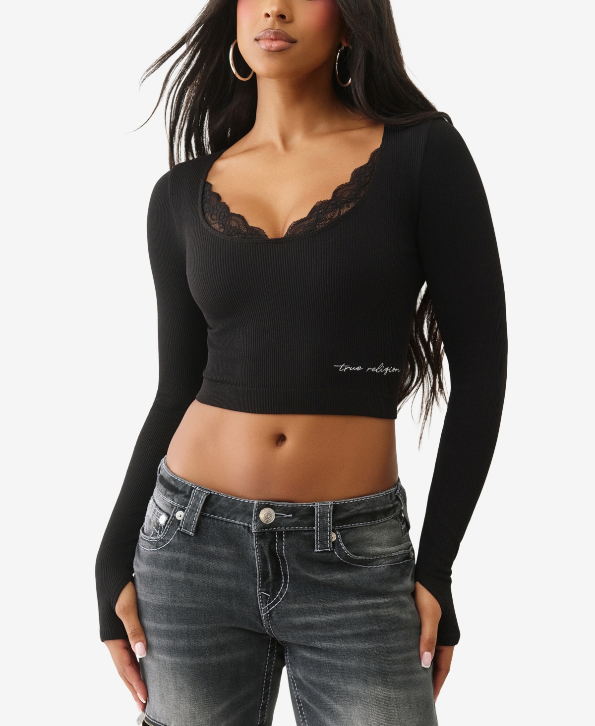 Click here for True Religion Womens Long Sleeve Seamless Lace Top... prices