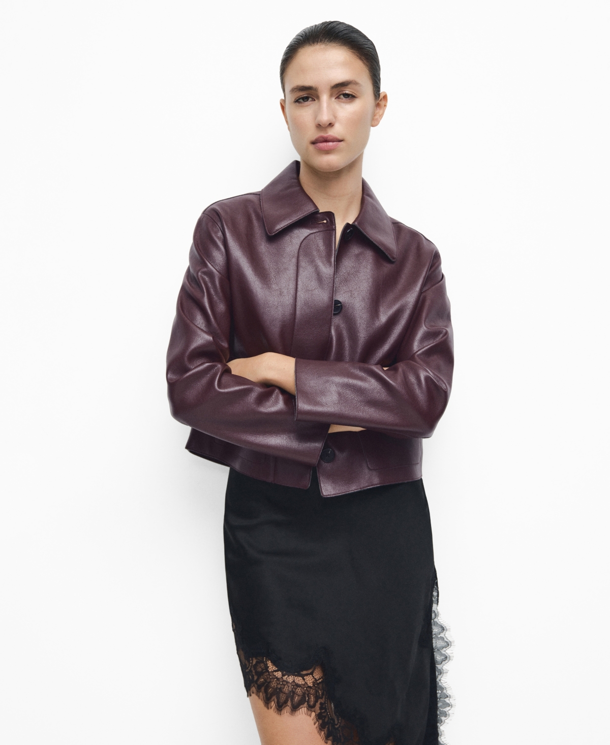 Click here for Mango Womens Pockets Faux-Effect Jacket - Maroon prices