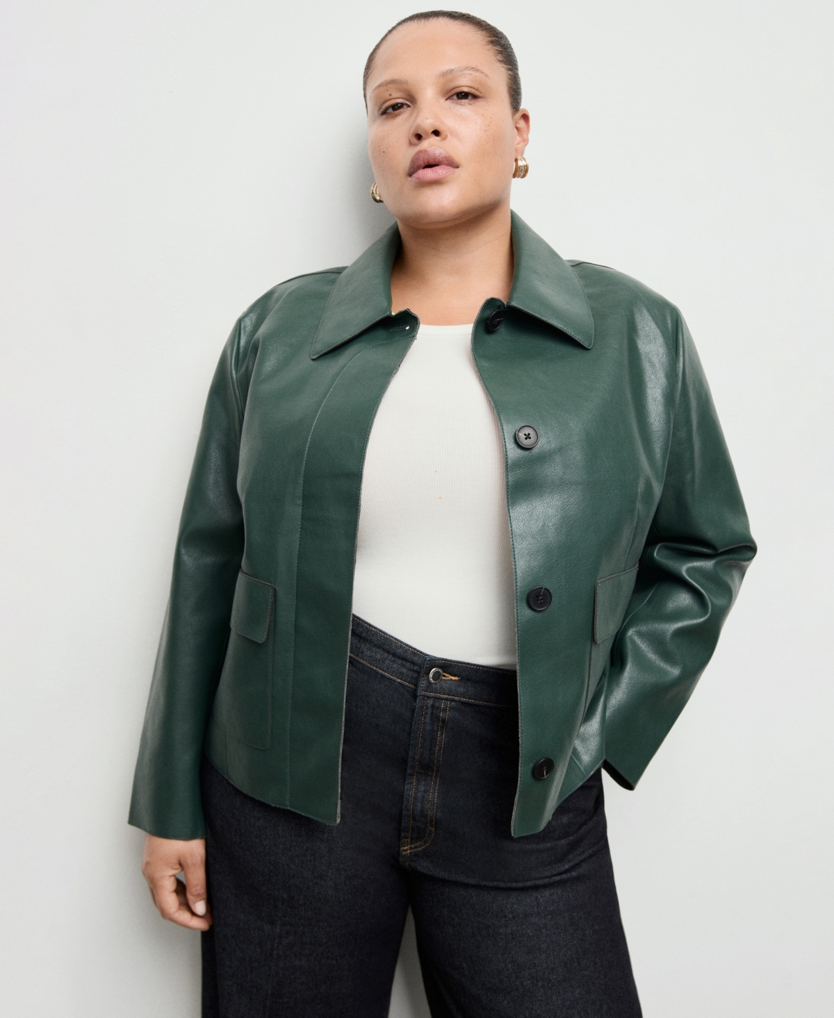 Click here for Mango Womens Pockets Faux-Leather Jacket - Green prices