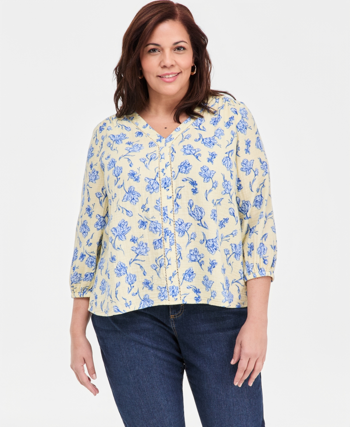 Click here for Style & Co Plus Size Cotton Floral 3/4-Sleeve Top... prices