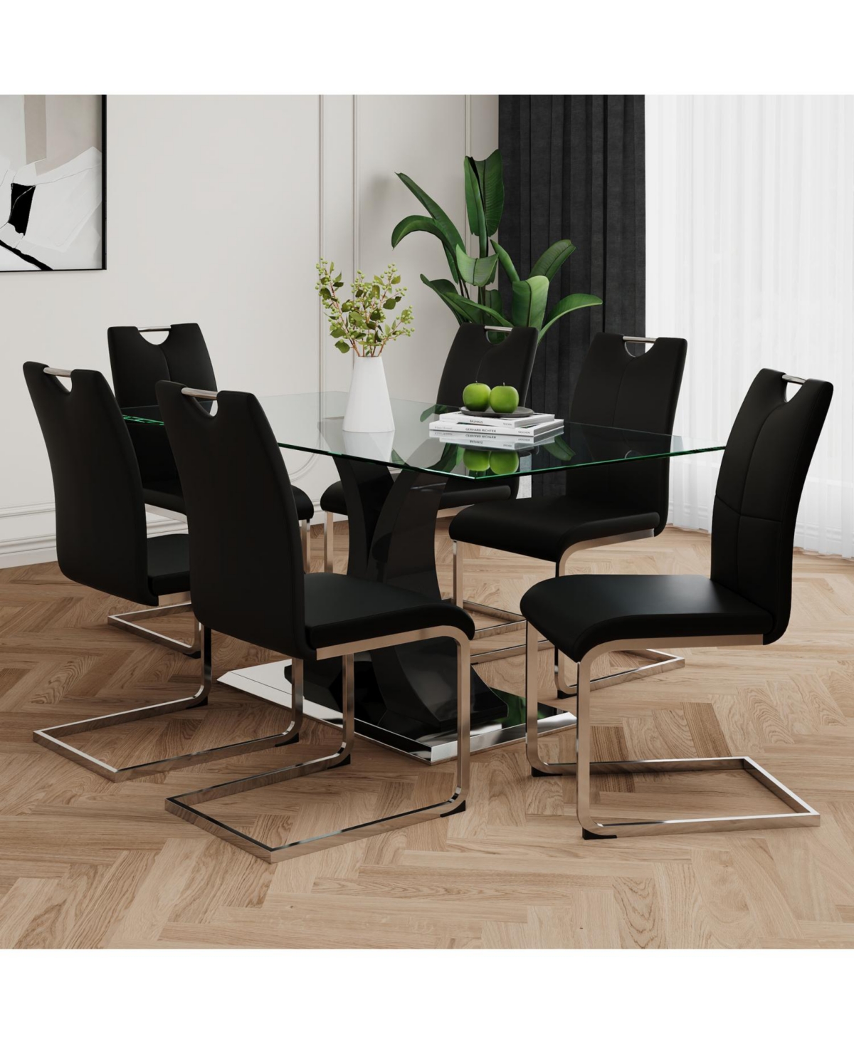 Click here for Modern Glass Dining Table with Black Chairs (Set o... prices