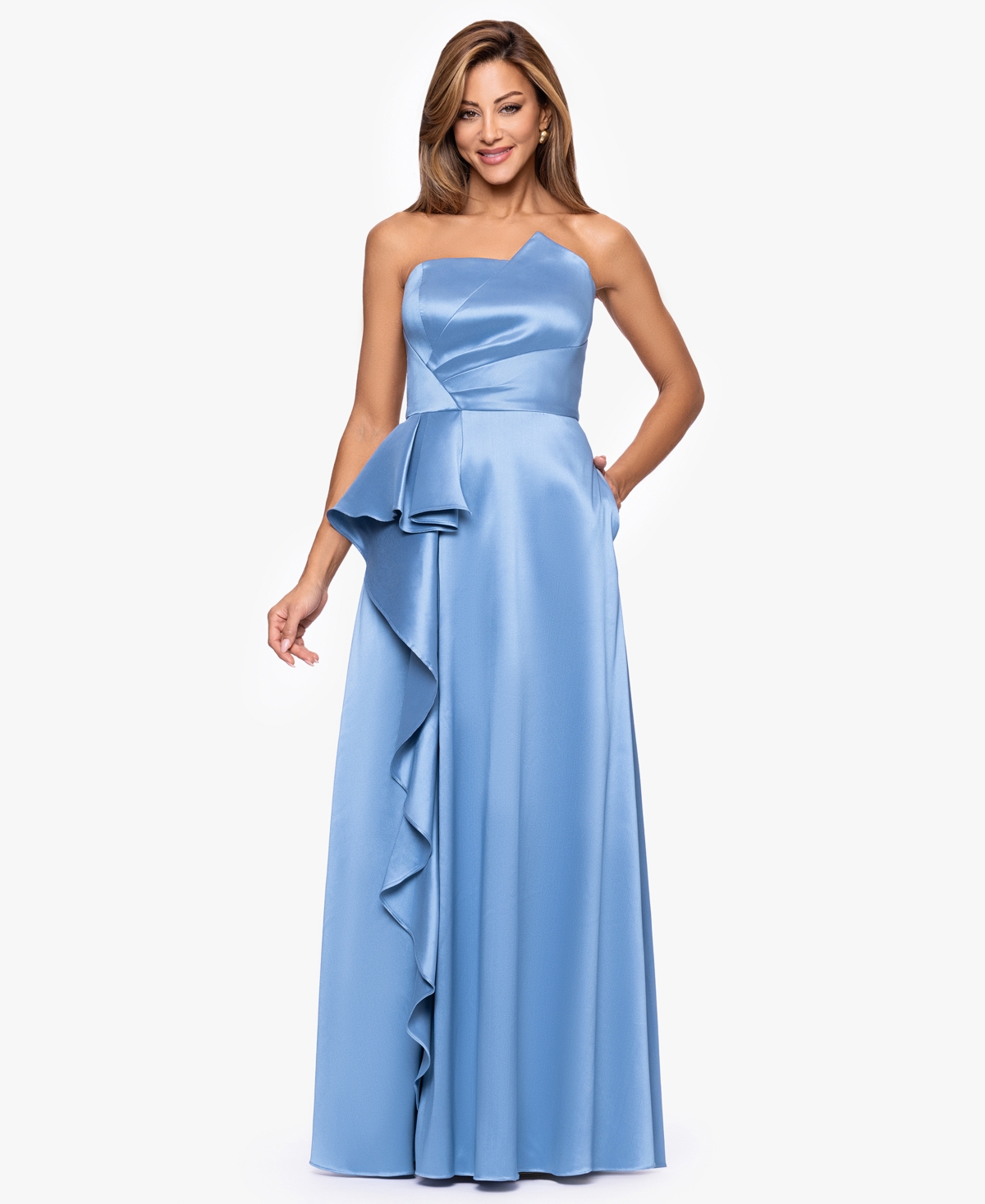 Click here for Xscape Womens Strapless Side Ruffle Satin Ball Gow... prices