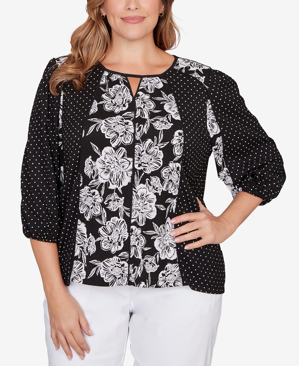 Click here for Ruby Rd. Plus Size Floral Panel Crinkle Knit Peasa... prices