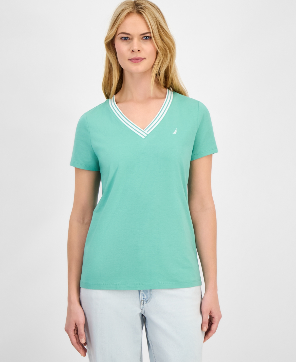 Click here for Nautica Jeans Womens Solid Stripe-Trim V-Neck - Cr... prices