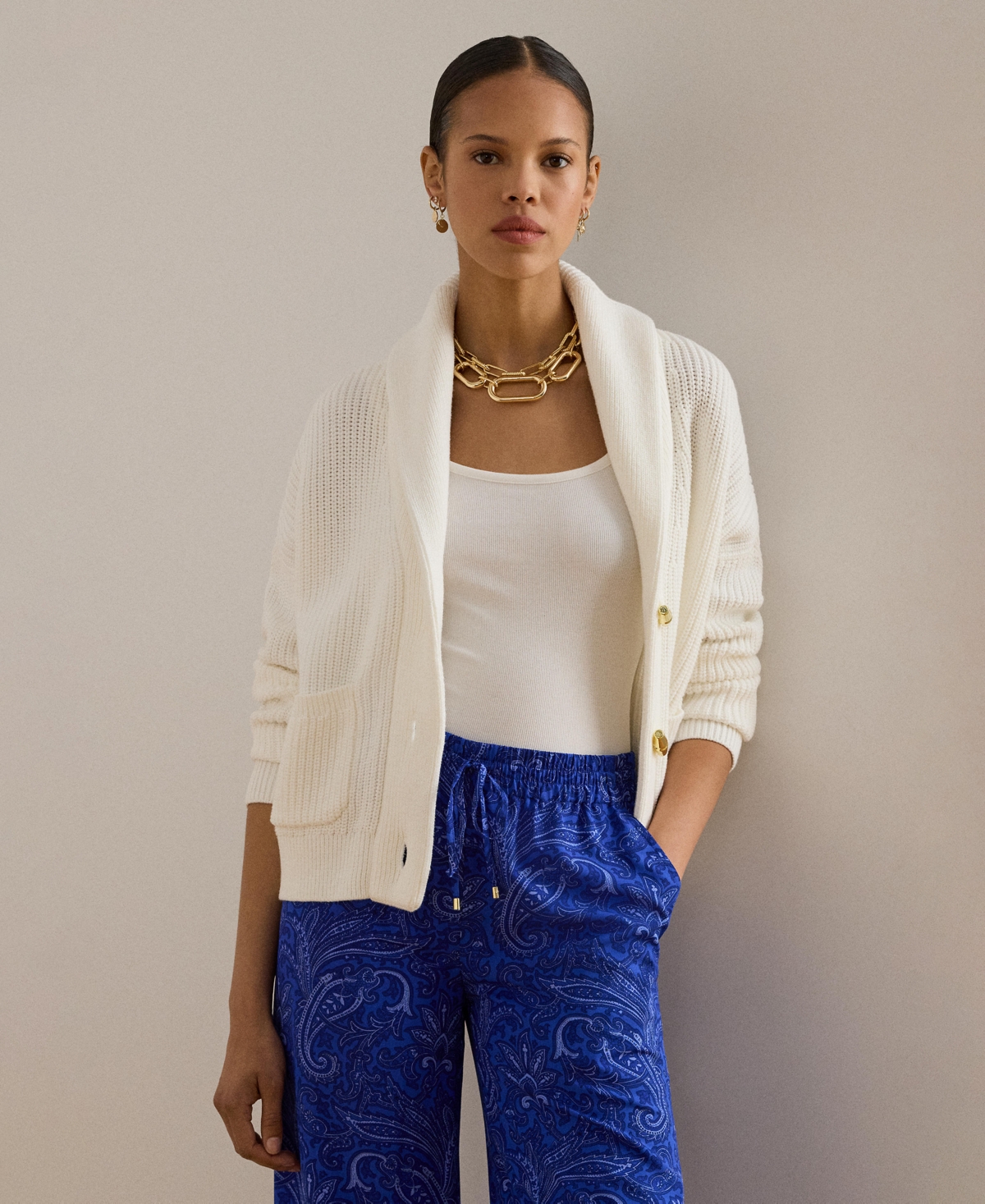 Click here for Lauren Ralph Lauren Womens Rib-Knit Shawl-Collar T... prices