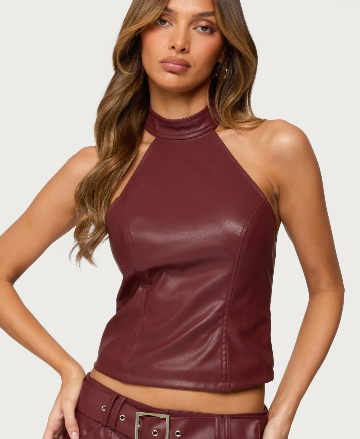 Click here for Edikted Womens Alba Faux Leather High Neck Top - B... prices