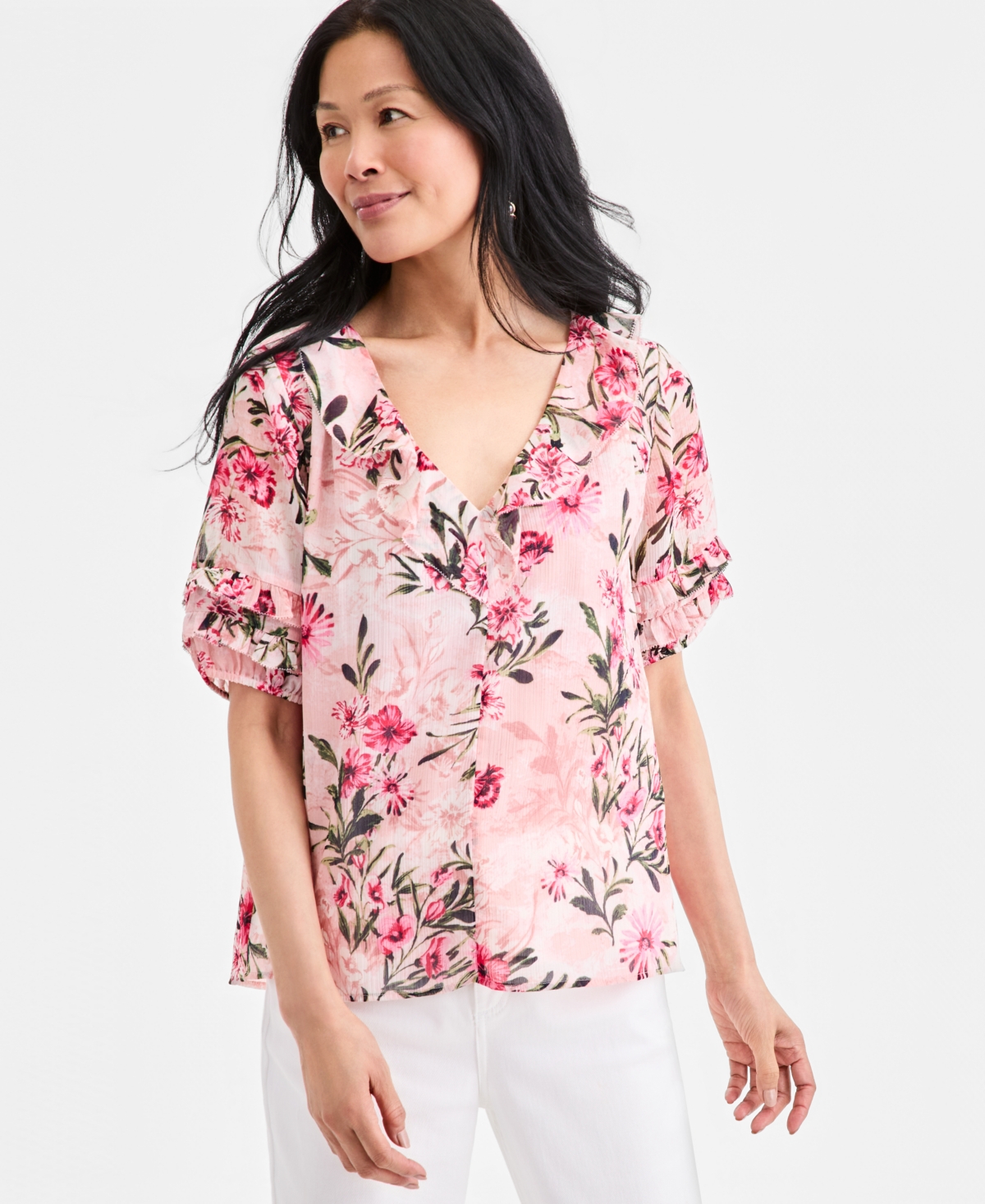 Click here for Style & Co Womens Printed Ruffled V-Neck Puff-Slee... prices
