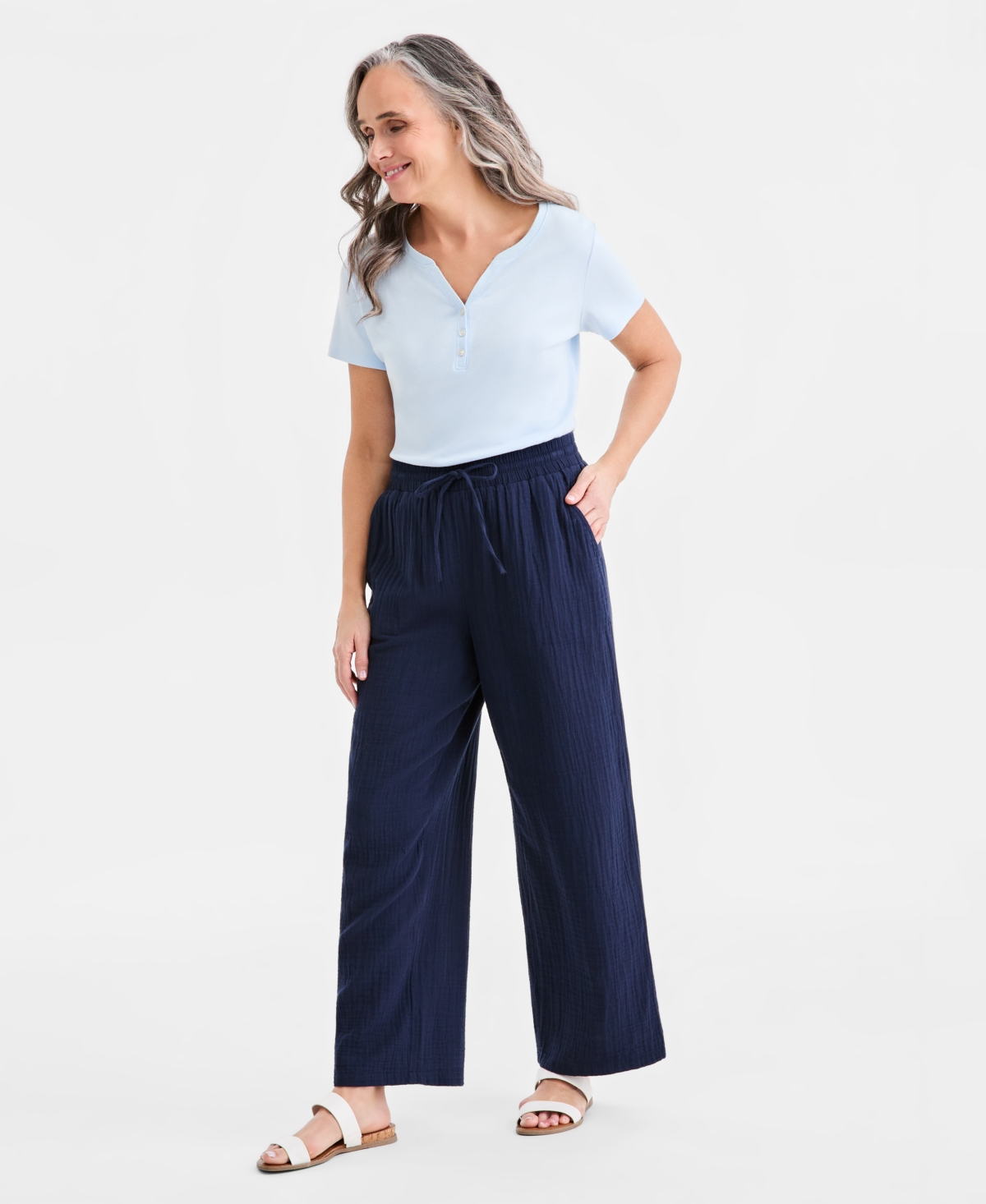 Click here for Style & Co Womens Cotton Gauze Straight-Leg Pull-O... prices